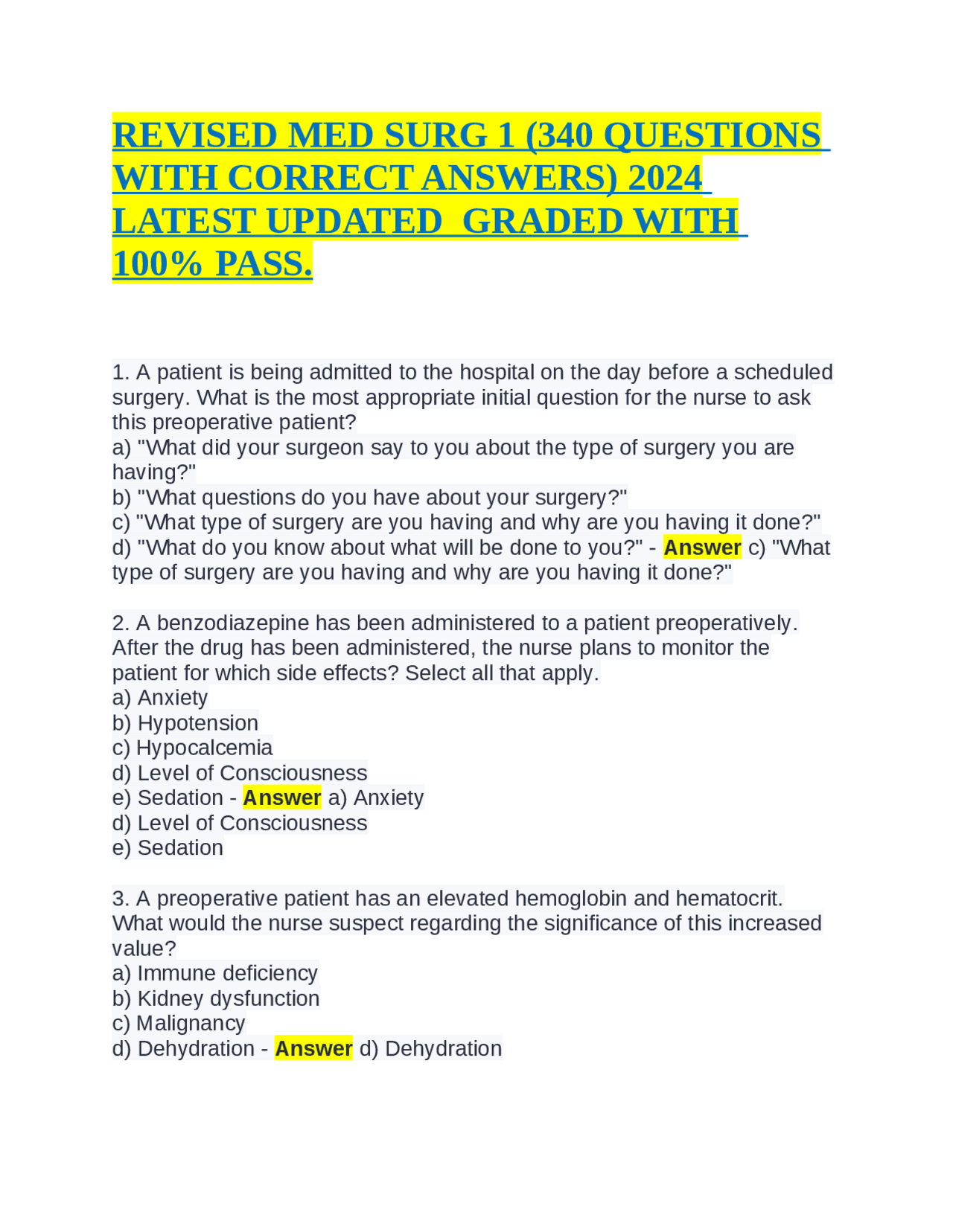 REVISED MED SURG 1 (340 QUESTIONS WITH CORRECT ANSWERS) 2024 LATEST ...