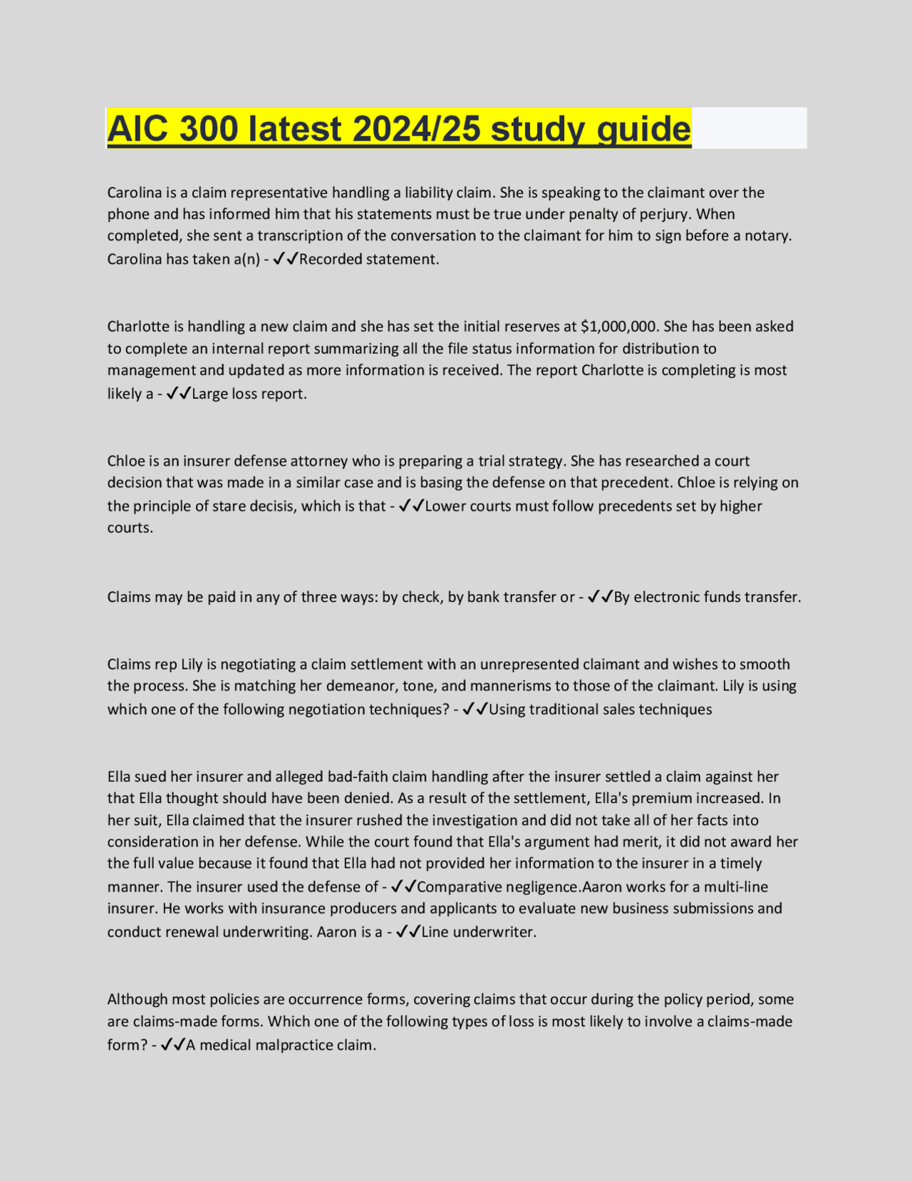 AIC 300 latest 2024/25 study guide | Exams Insurance law | Docsity