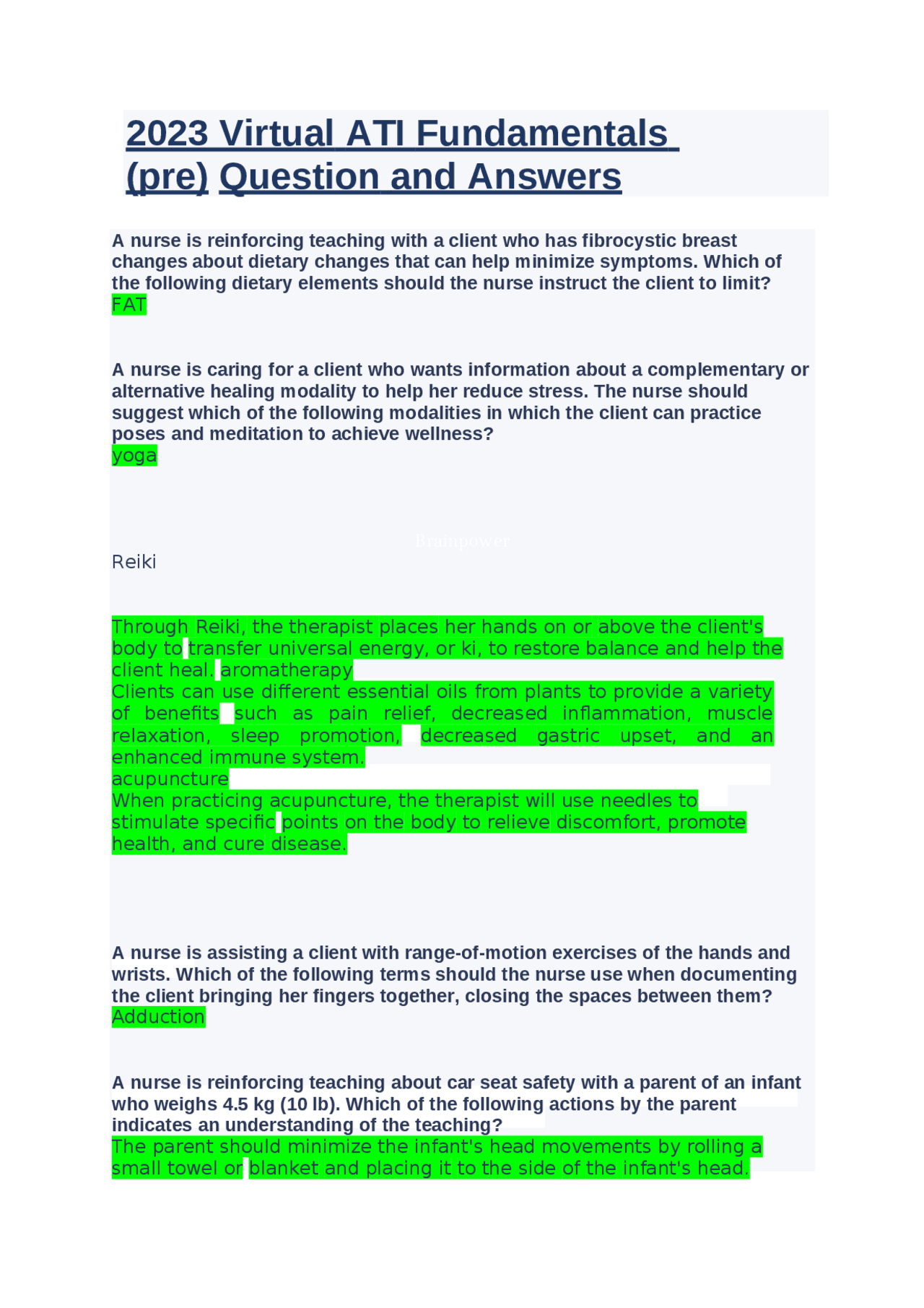 2023 Virtual ATI Fundamentals (pre) Question and Answers | Exams ...