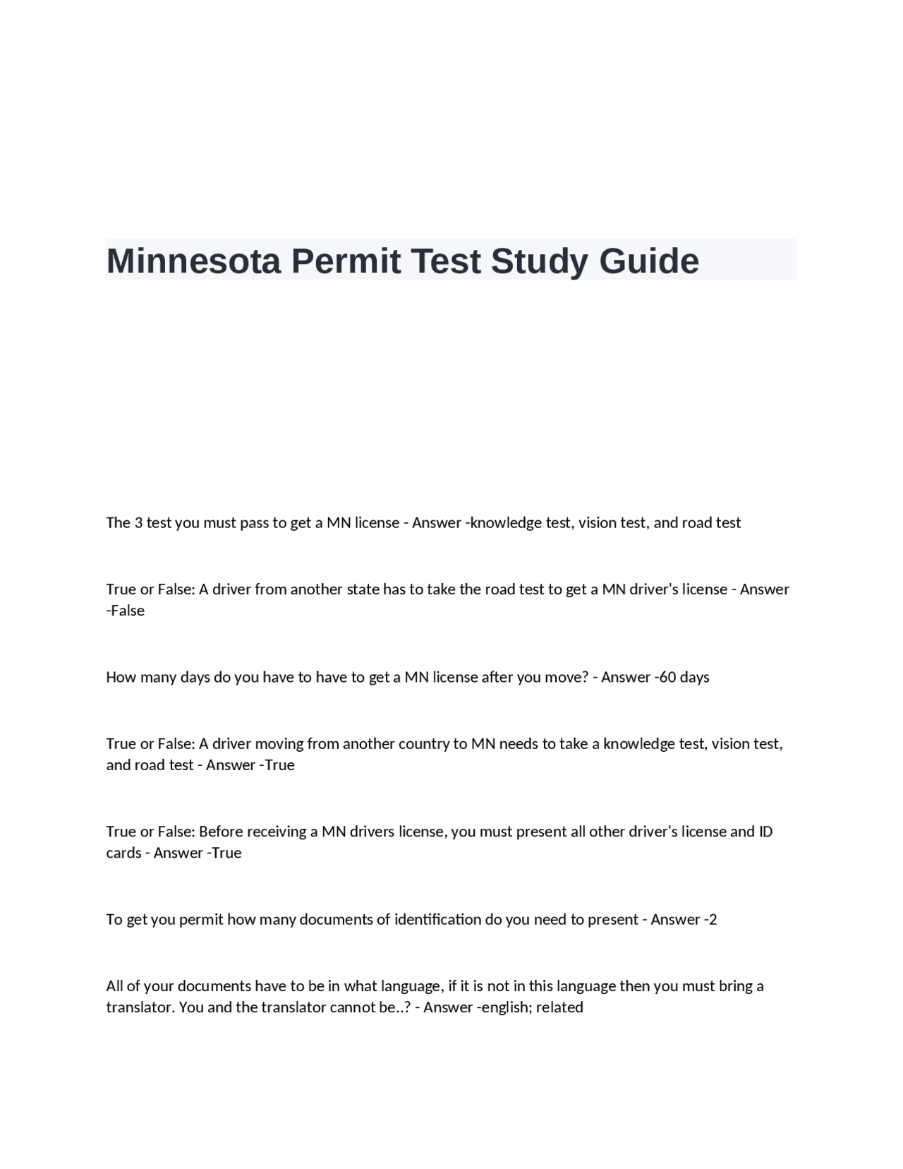 Minnesota Permit Test Study Guide | Exams Nursing | Docsity