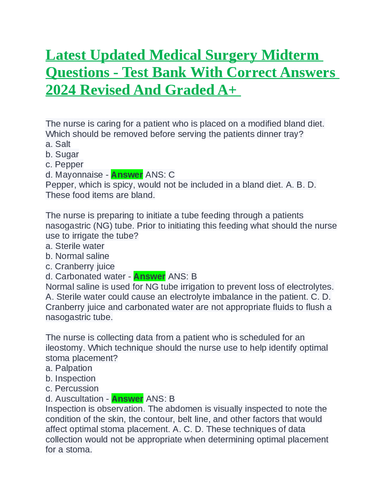 Latest Updated Medical Surgery Midterm Questions - Test Bank With ...