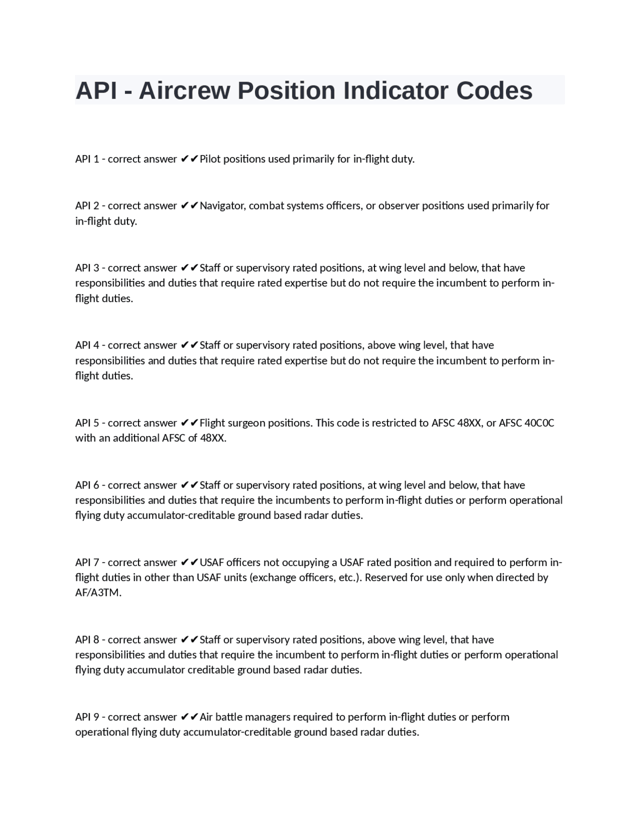 API - Aircrew Position Indicator Codes | Exams Nursing | Docsity