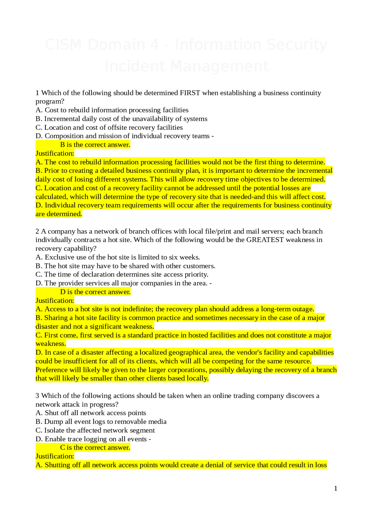 CISM Domain 4 - Information Security Incident Management | Exams Security Analysis | Docsity