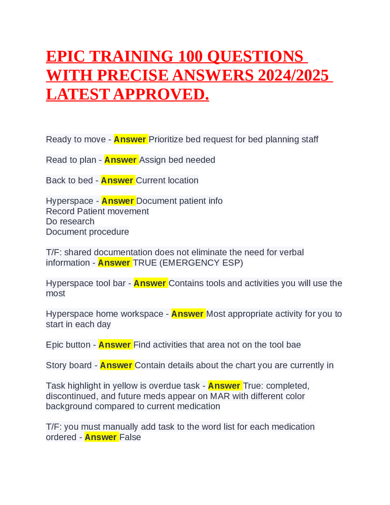 EPIC TRAINING 100 QUESTIONS WITH PRECISE ANSWERS 2024/2025 LATEST ...