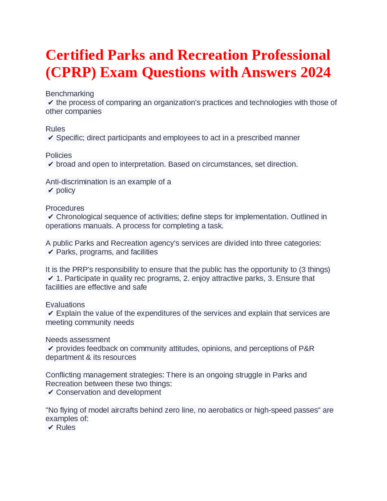 Certified Parks and Recreation Professional (CPRP) Exam Questions with ...