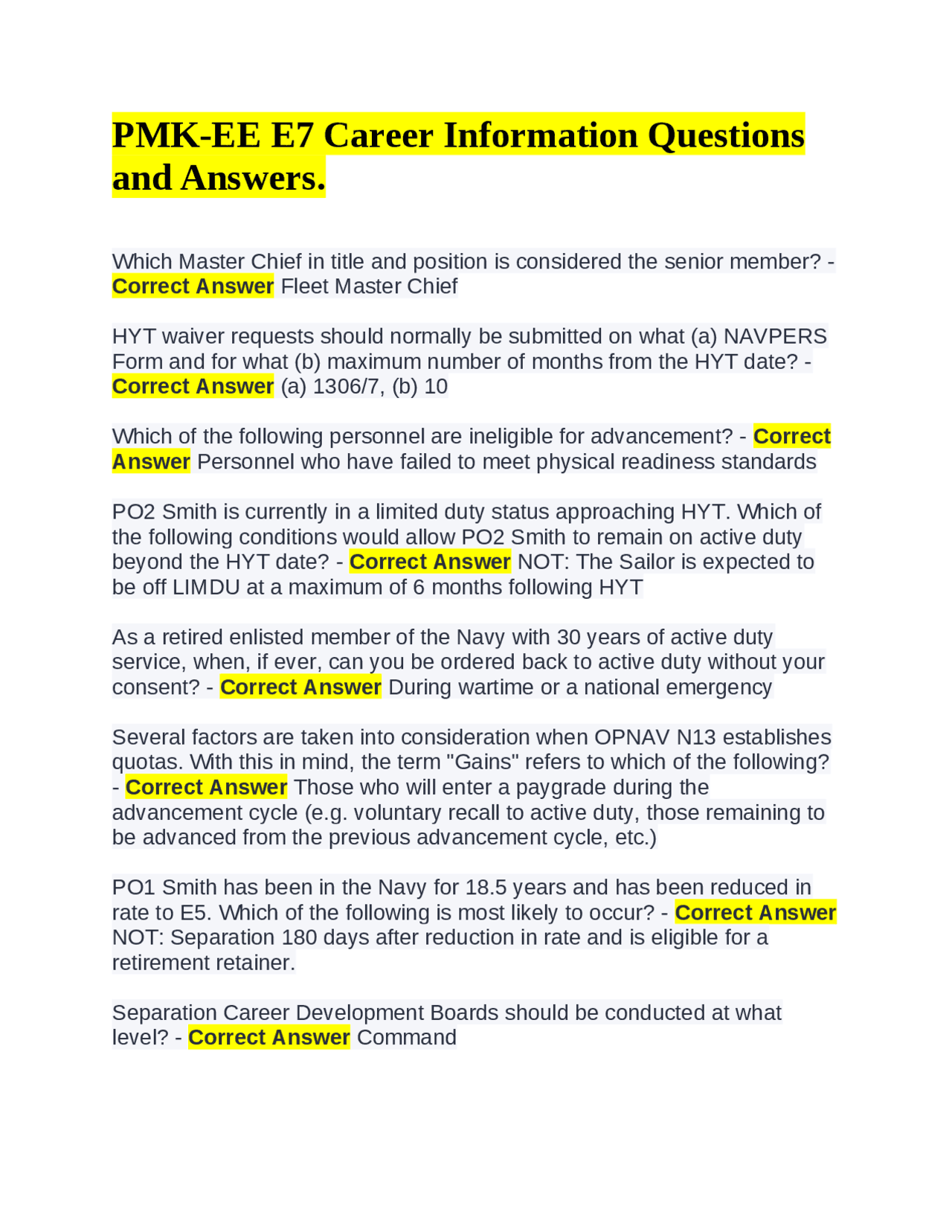 PMK-EE E7 Career Information Questions and Answers. | Exams Military ...