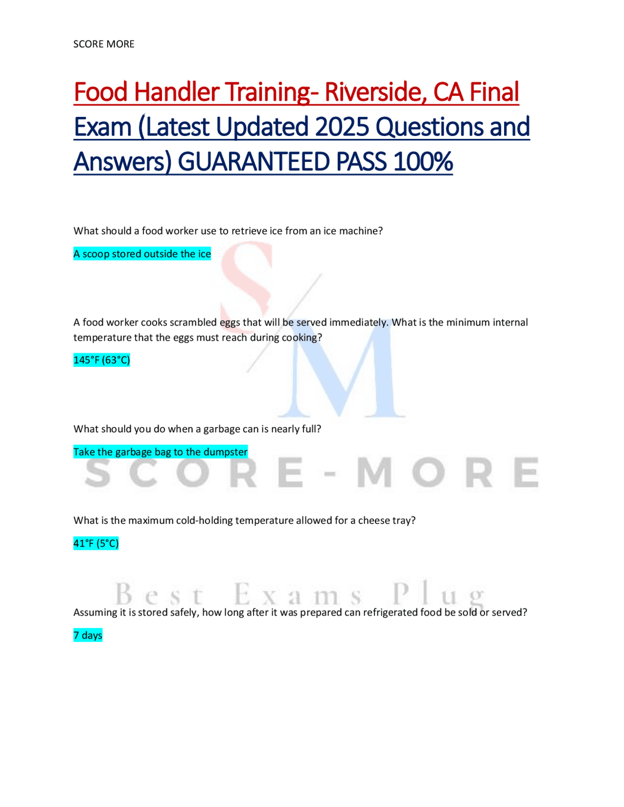 Food Handler Training - Riverside, CA Final Exam (Latest Updated 2025 ...