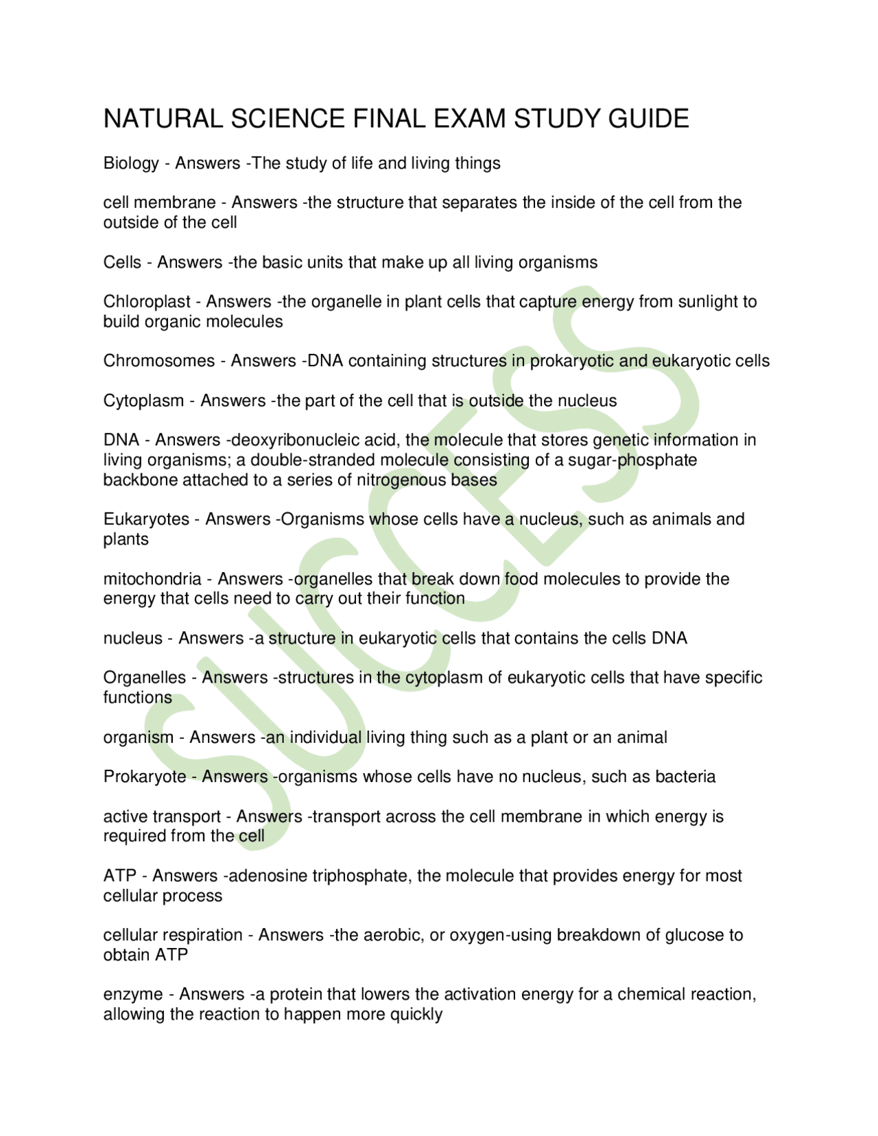 NATURAL SCIENCE FINAL EXAM STUDY GUIDE | Exams Biology | Docsity