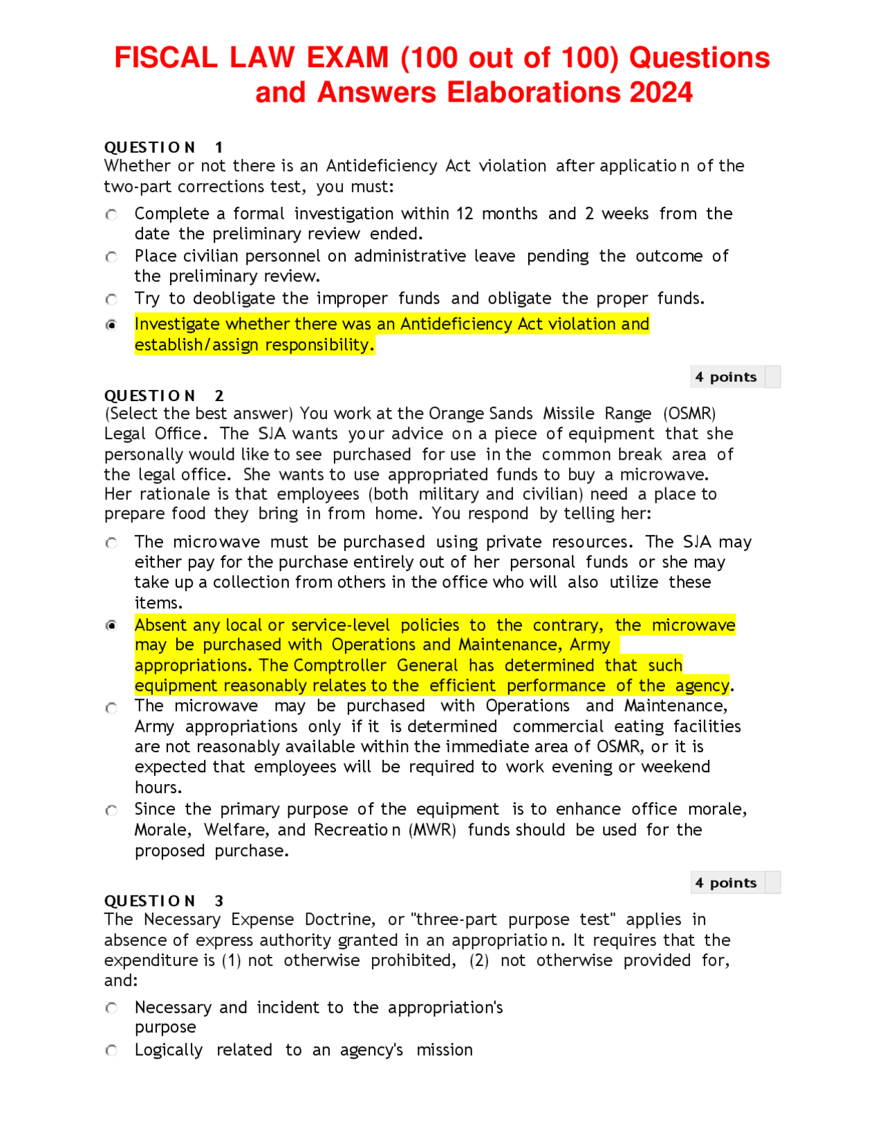 FISCAL LAW EXAM (100 out of 100) Questions and Answers Elaborations ...