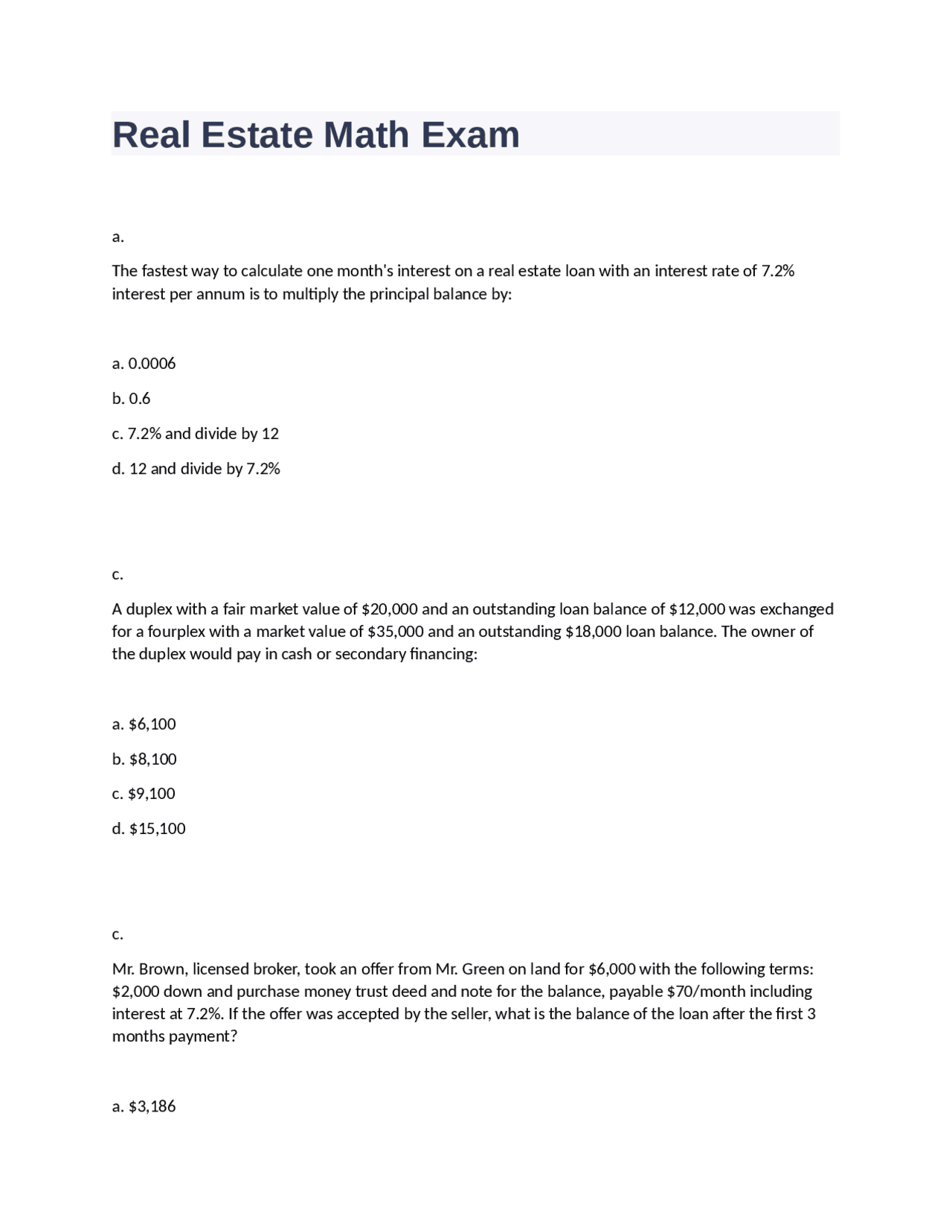 Real Estate Math Exam Question and answers already passed 2024/2025 ...