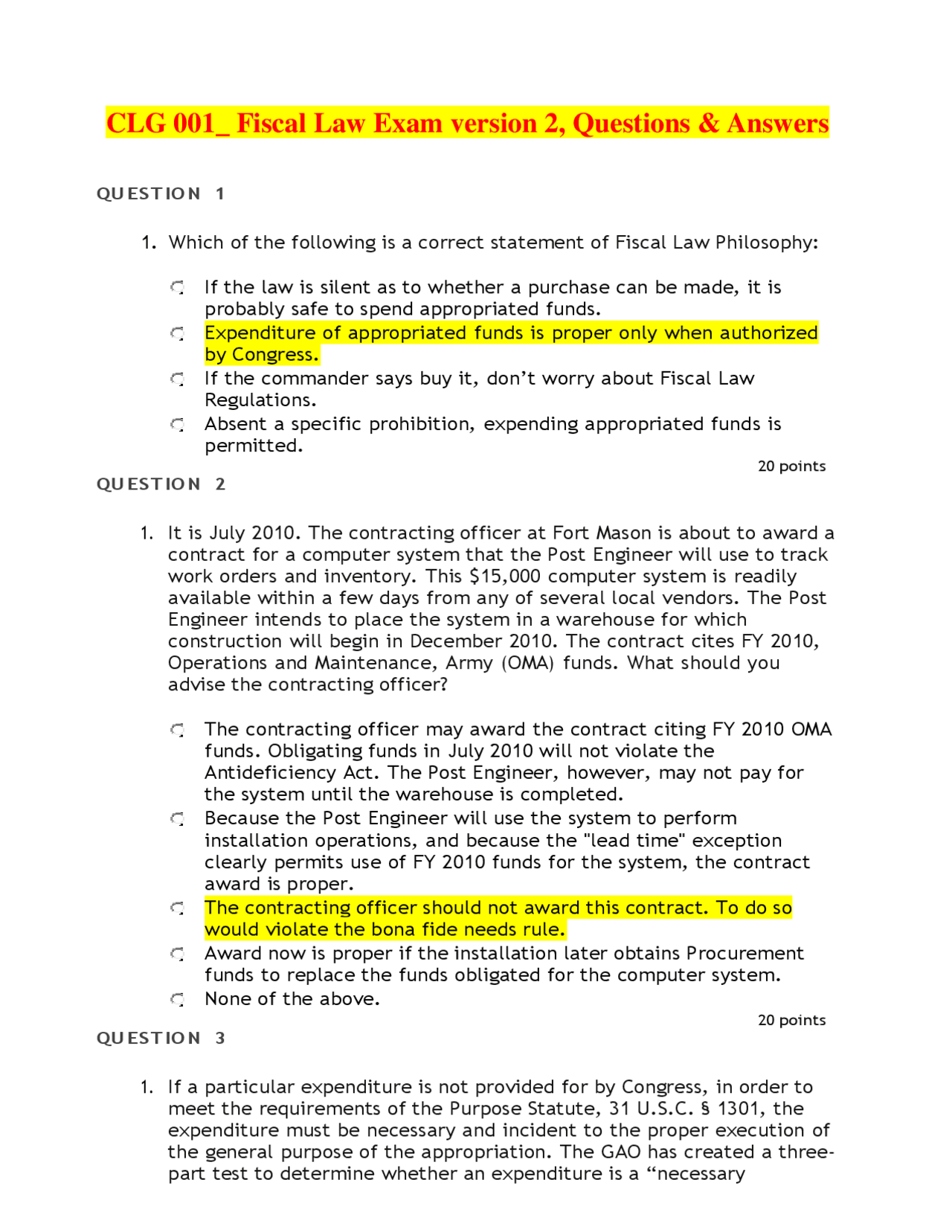 CLG 001_ Fiscal Law Exam version 2, Questions & Answers | Exams Law ...