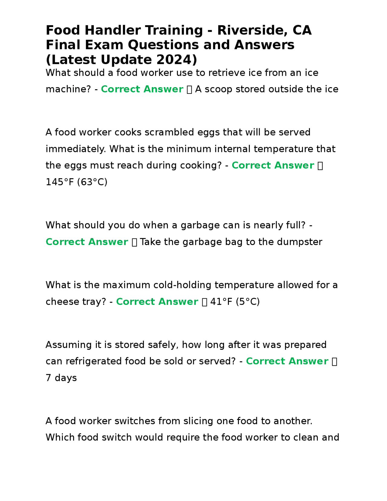 Food Handler Training - Riverside, CA Final Exam Questions and Answers ...