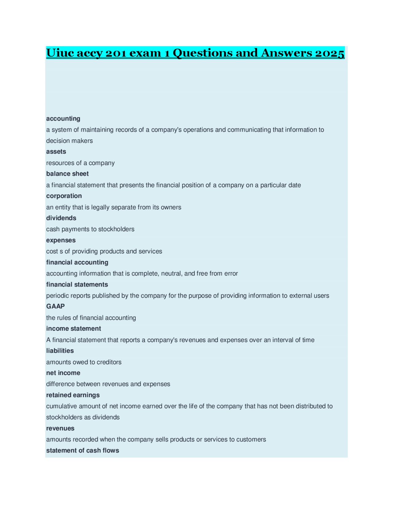 UIUC ACCY 201 Exam 1 Questions and Answers 2025 | Exams Accounting ...