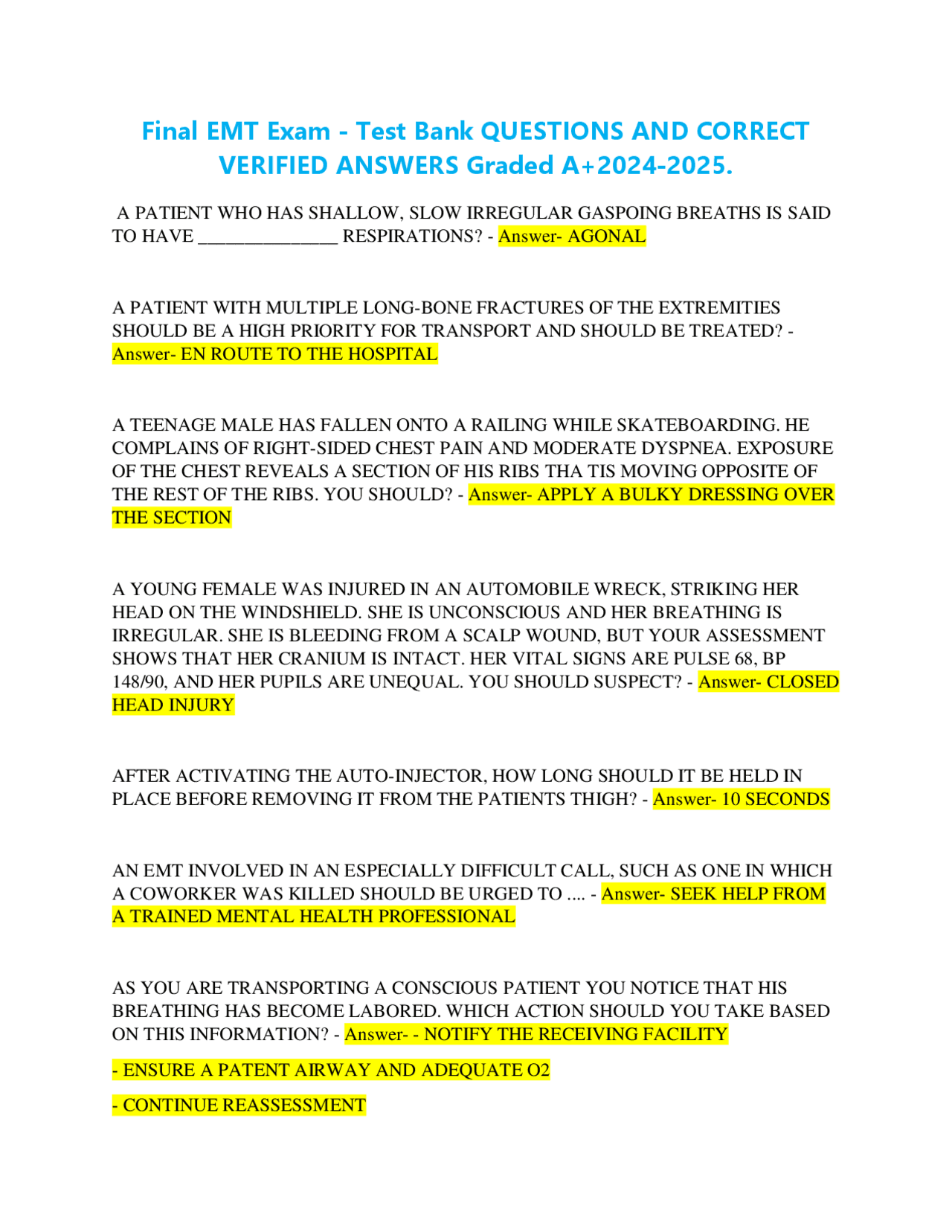 Final EMT Exam - Test Bank QUESTIONS AND CORRECT VERIFIED ANSWERS ...