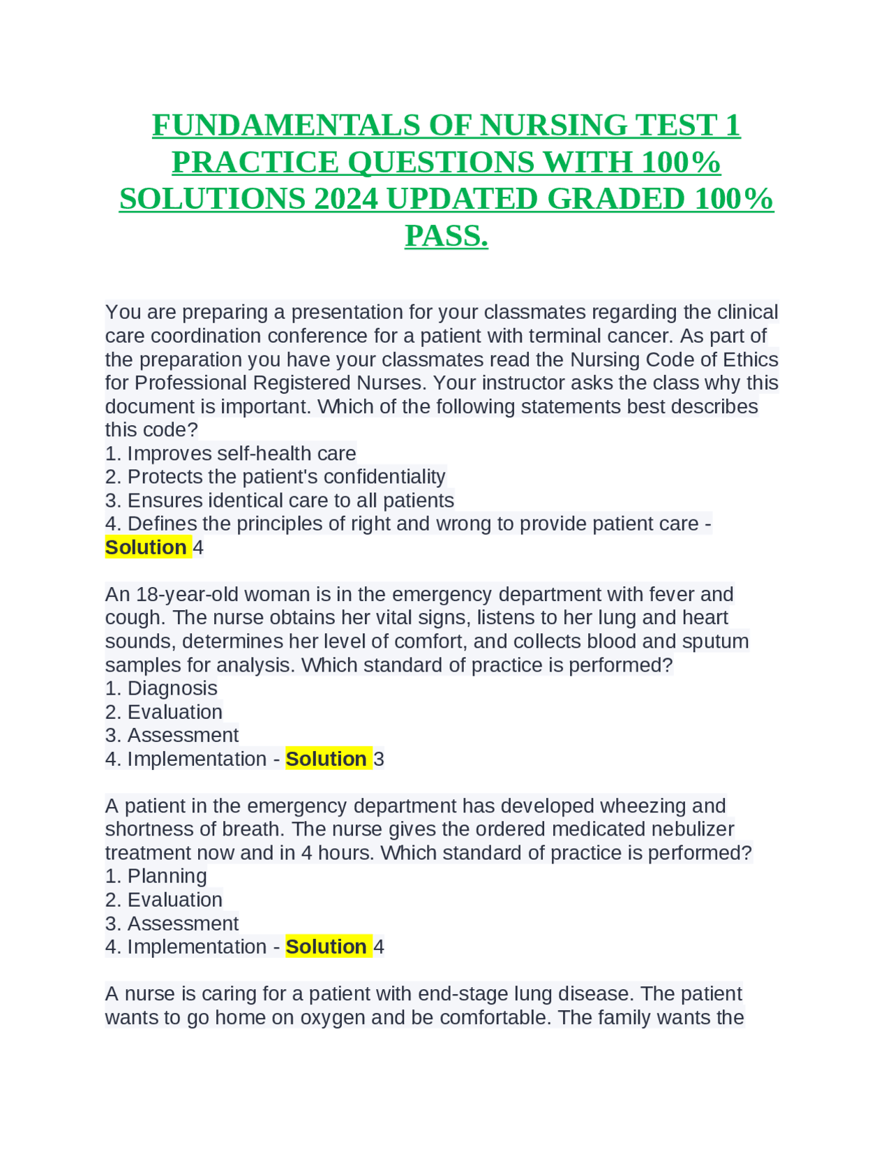 FUNDAMENTALS OF NURSING TEST 1 PRACTICE QUESTIONS WITH 100% SOLUTIONS ...
