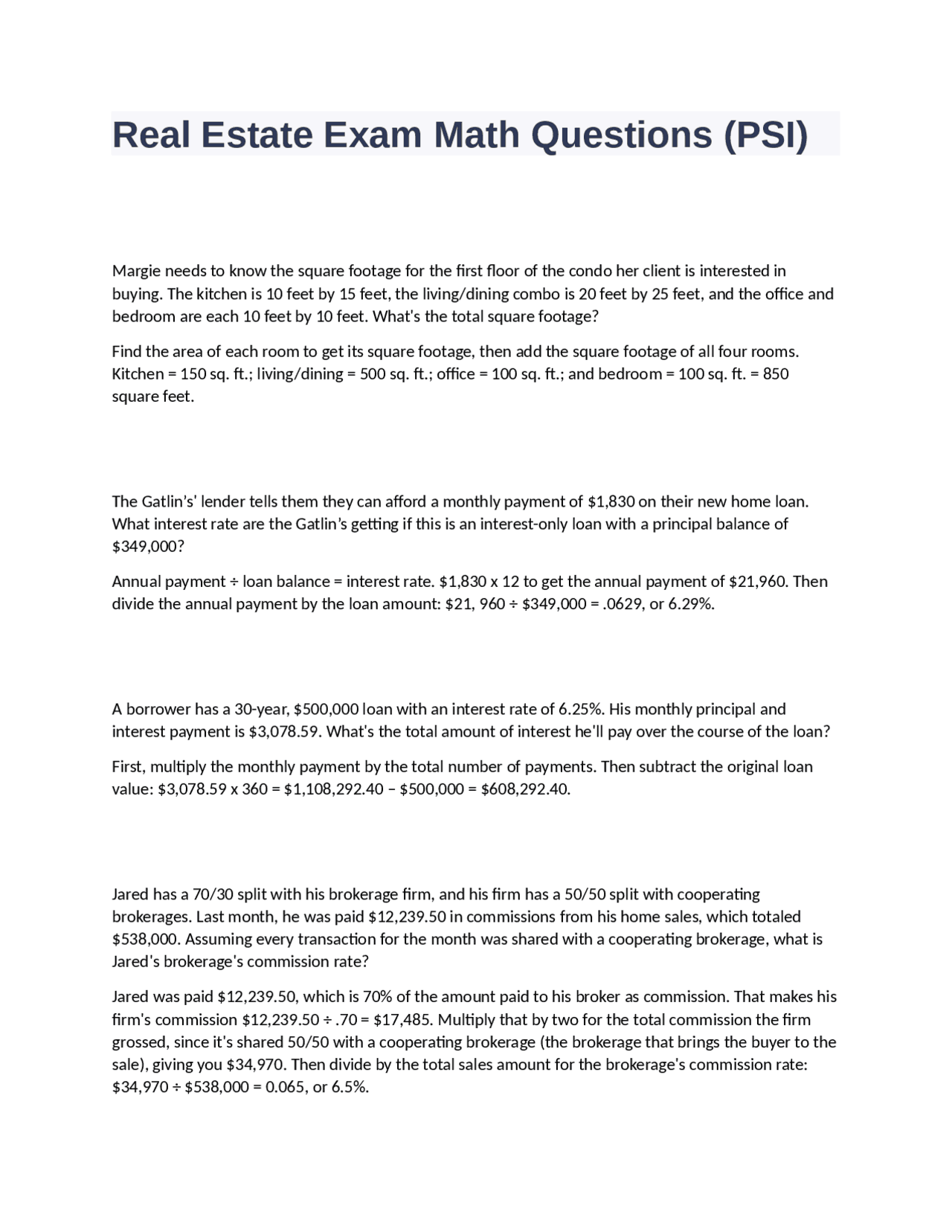 Real Estate Exam Math Questions (PSI) | Exams Real Estate Management ...