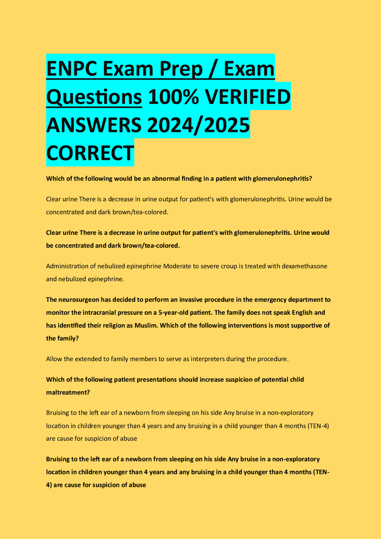 ENPC Exam Prep / Exam Questions 100% VERIFIED ANSWERS 2024/2025 CORRECT | Exams Nursing | Docsity