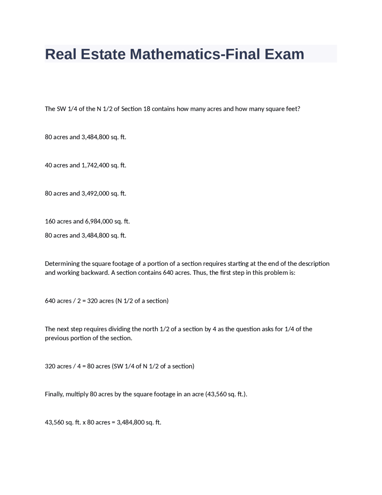 Real Estate Mathematics - Final Exam | Exams Real Estate Management ...