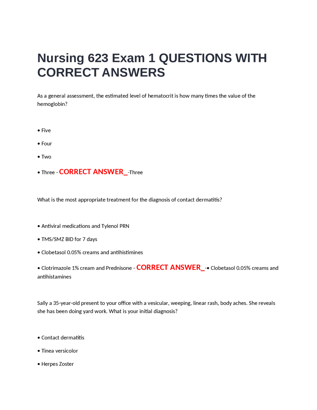 Nursing 623 Exam 1 Questions with Correct Answers | Exams Nursing | Docsity