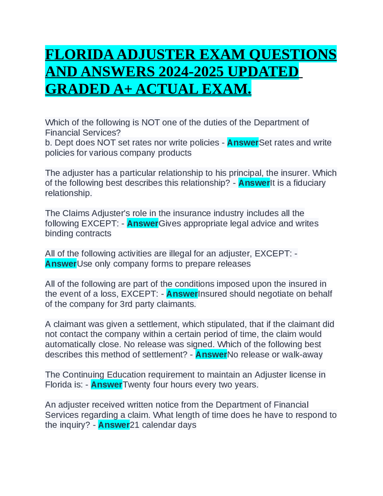 FLORIDA ADJUSTER EXAM QUESTIONS AND ANSWERS 2024-2025 UPDATED GRADED A+ ...