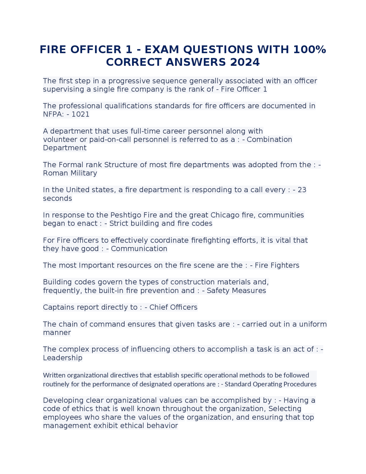 FIRE OFFICER 1 - EXAM QUESTIONS WITH 100% CORRECT ANSWERS 2024 | Exams Safety and Fire ...