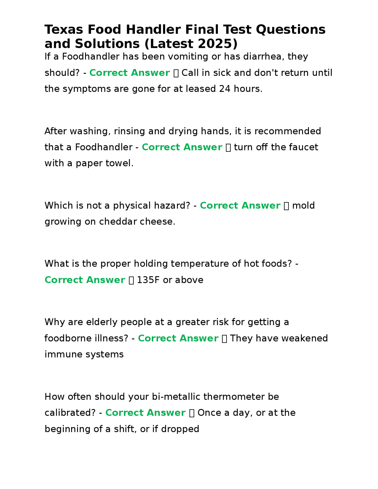 Texas Food Handler Final Test Questions and Solutions (Latest 2025 ...