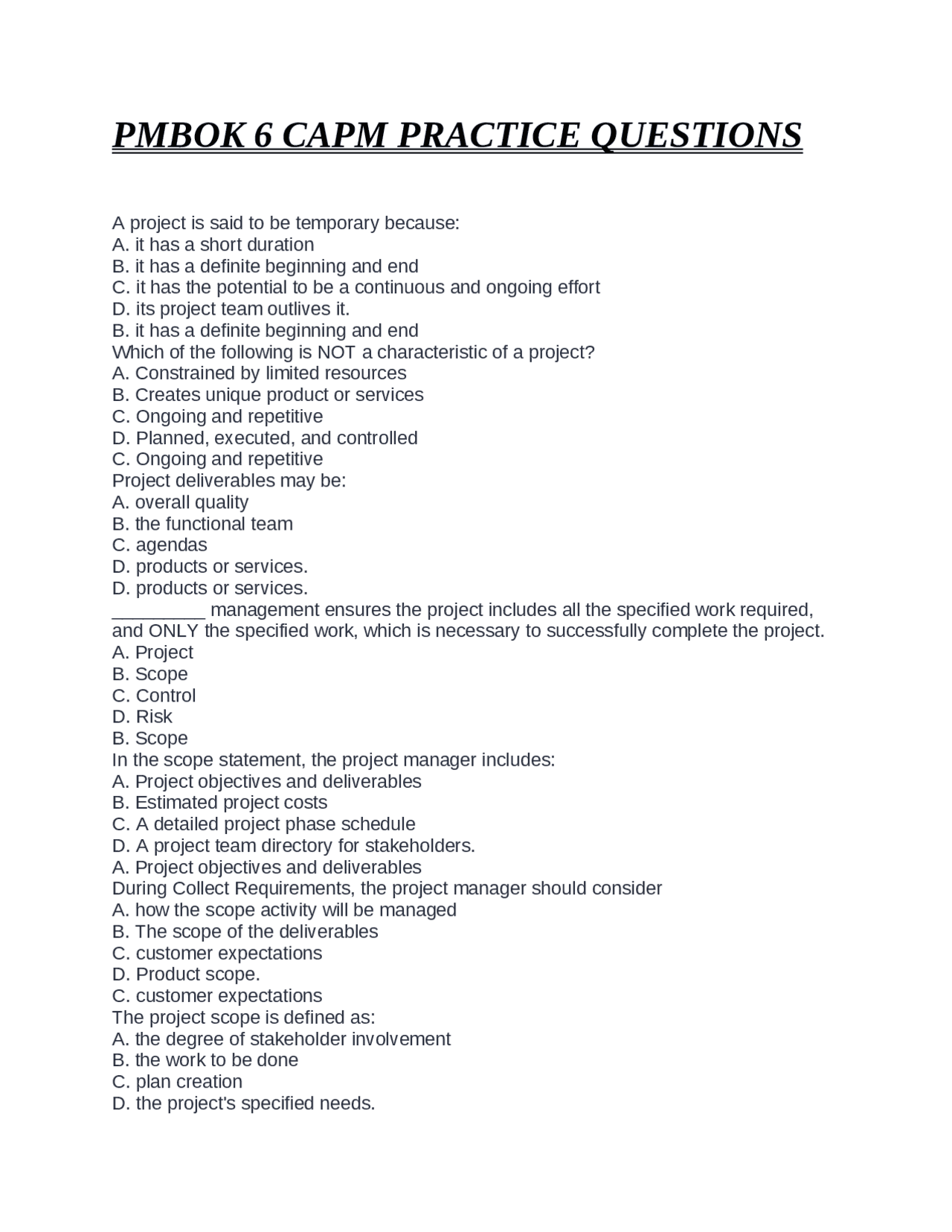 PMBOK 6 CAPM PRACTICE QUESTIONS | Exams Advanced Education | Docsity