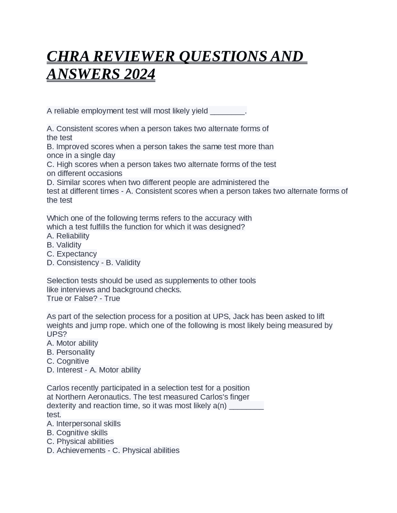 CHRA REVIEWER QUESTIONS AND ANSWERS 2024 | Exams Advanced Education ...