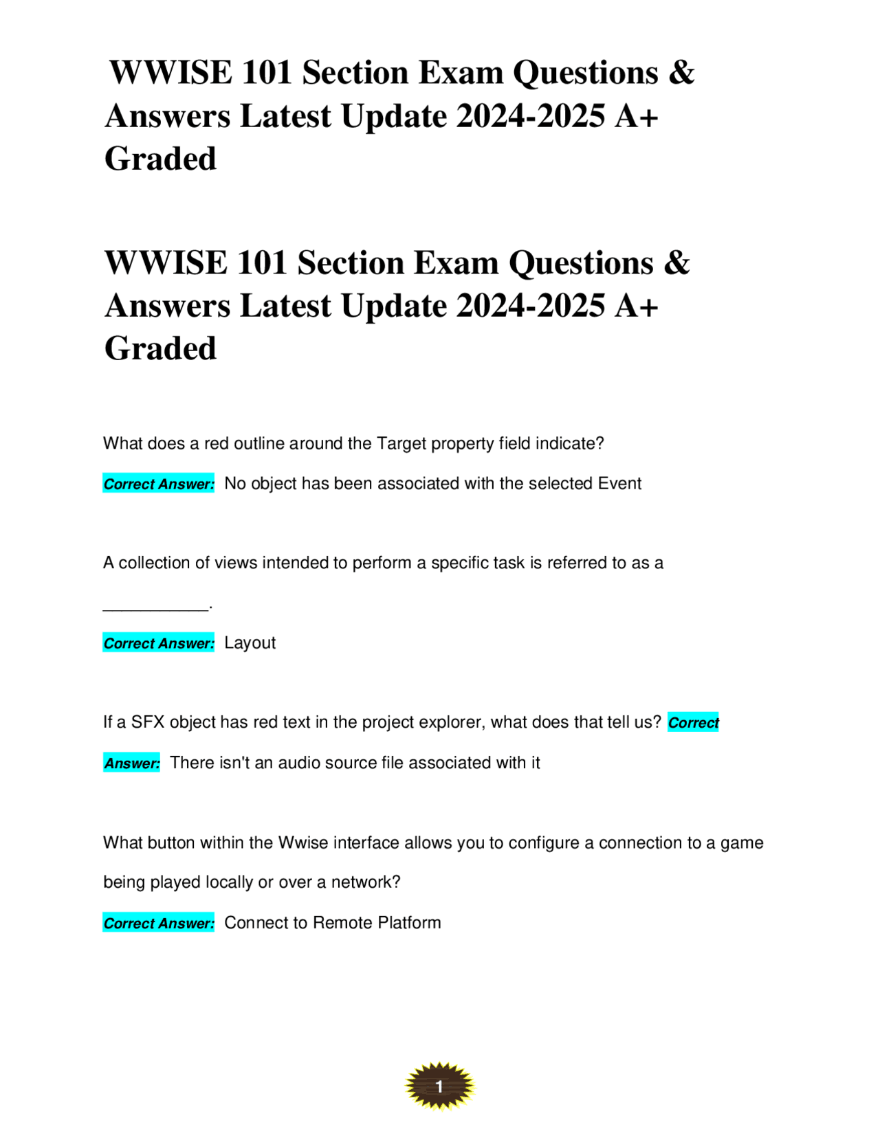 WWISE 101 Section Exam Questions & Answers Latest Update 2024-2025 A+ ...