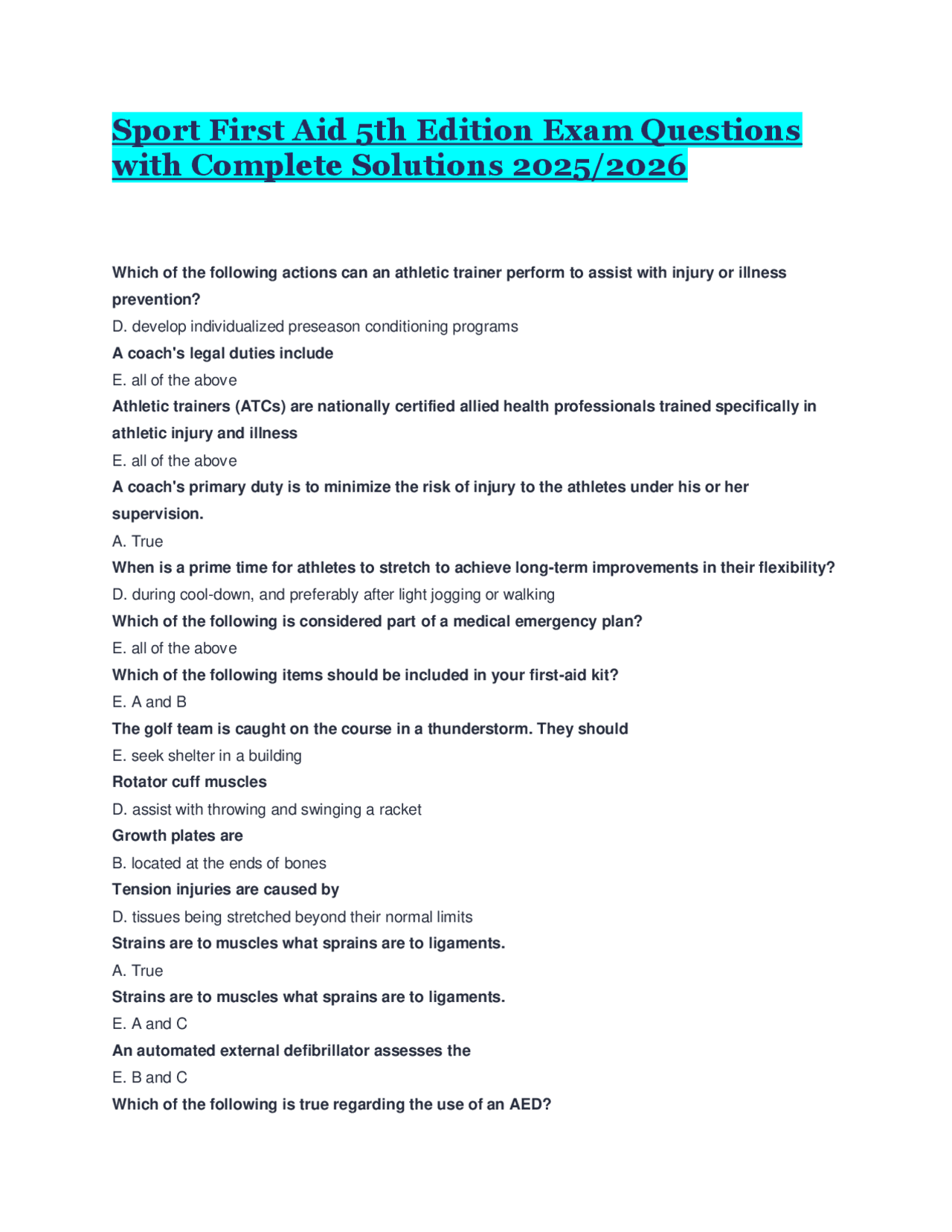 Sport First Aid 5th Edition Exam Questions with Complete Solutions 2025 ...