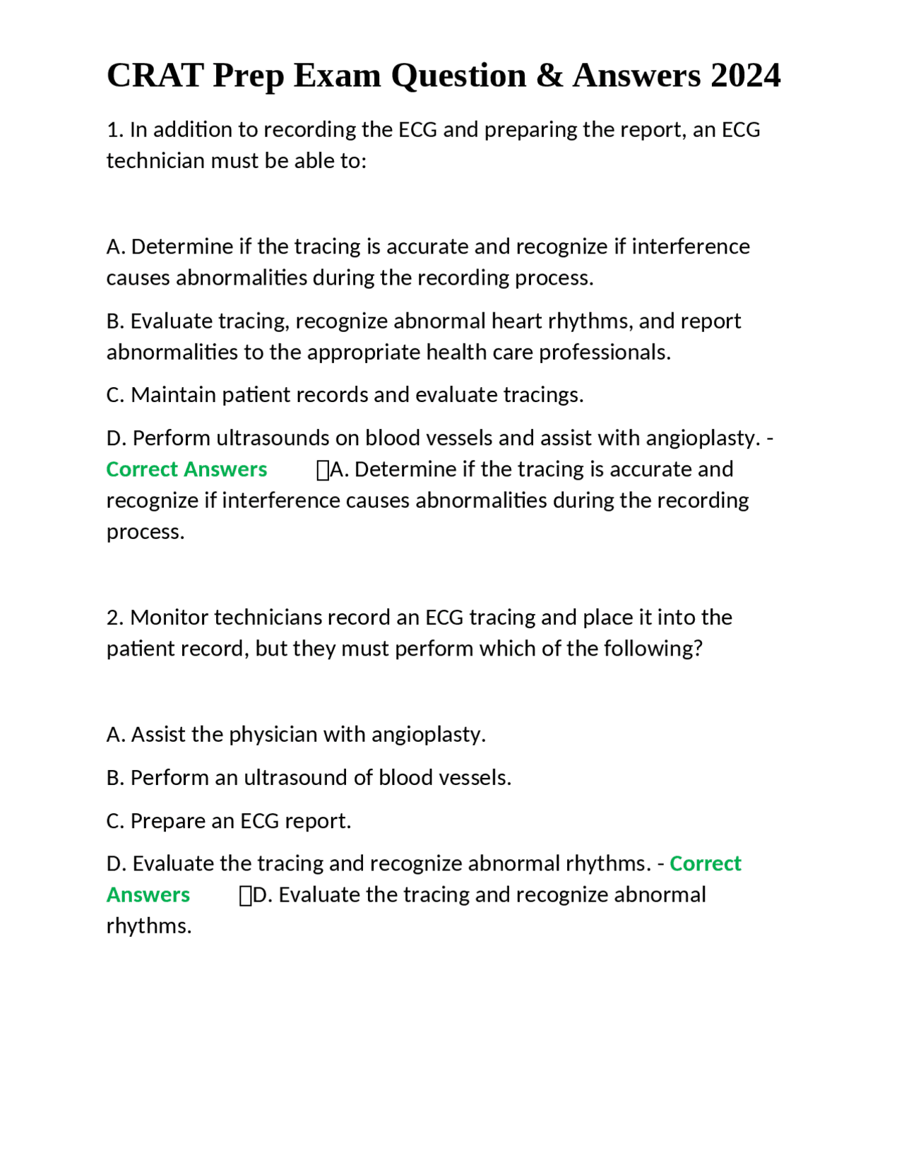 CRAT Prep Exam Question & Answers 2024 | Exams Nursing | Docsity