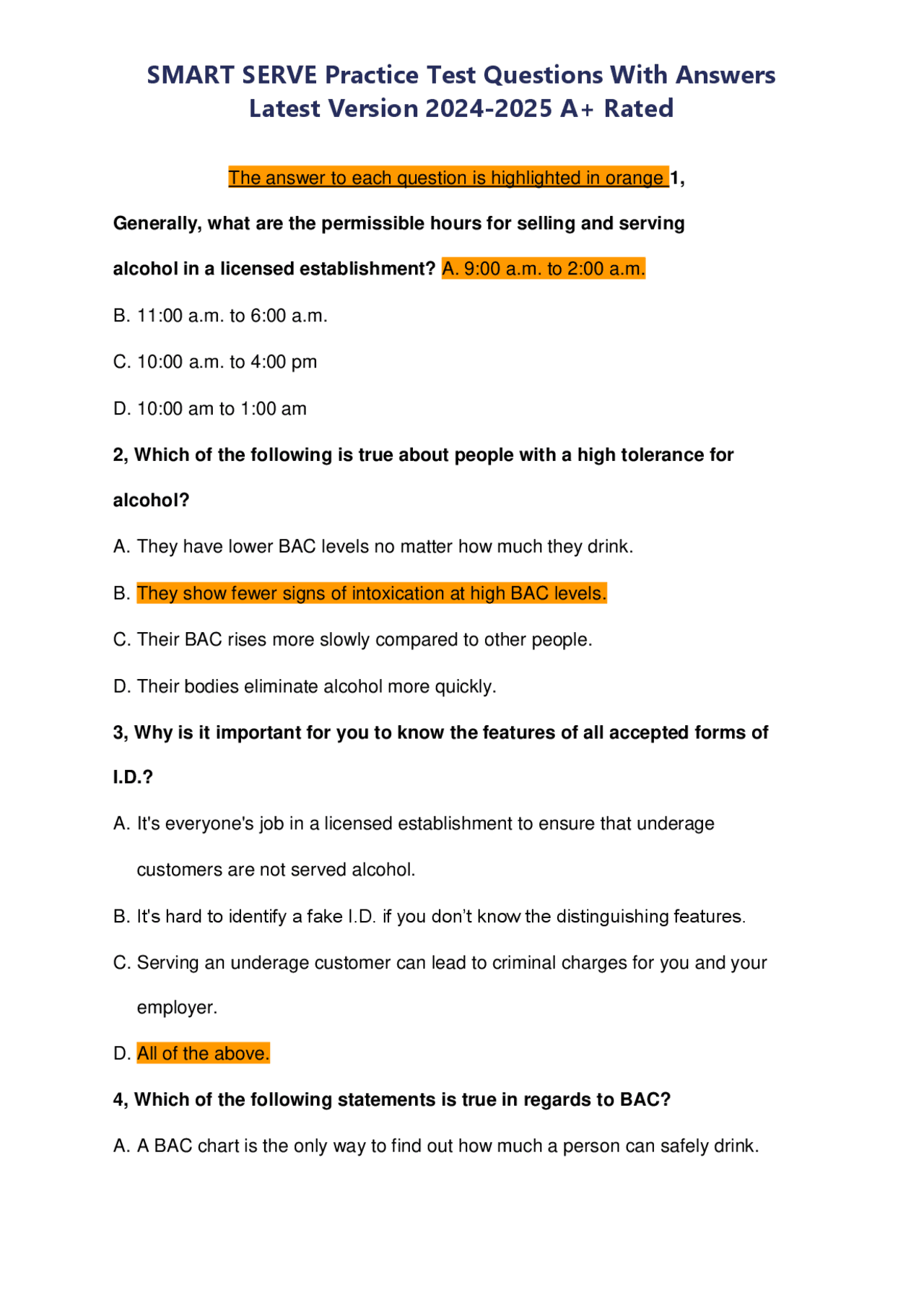 SMART SERVE Practice Test Questions With Answers Latest Version 2024 ...