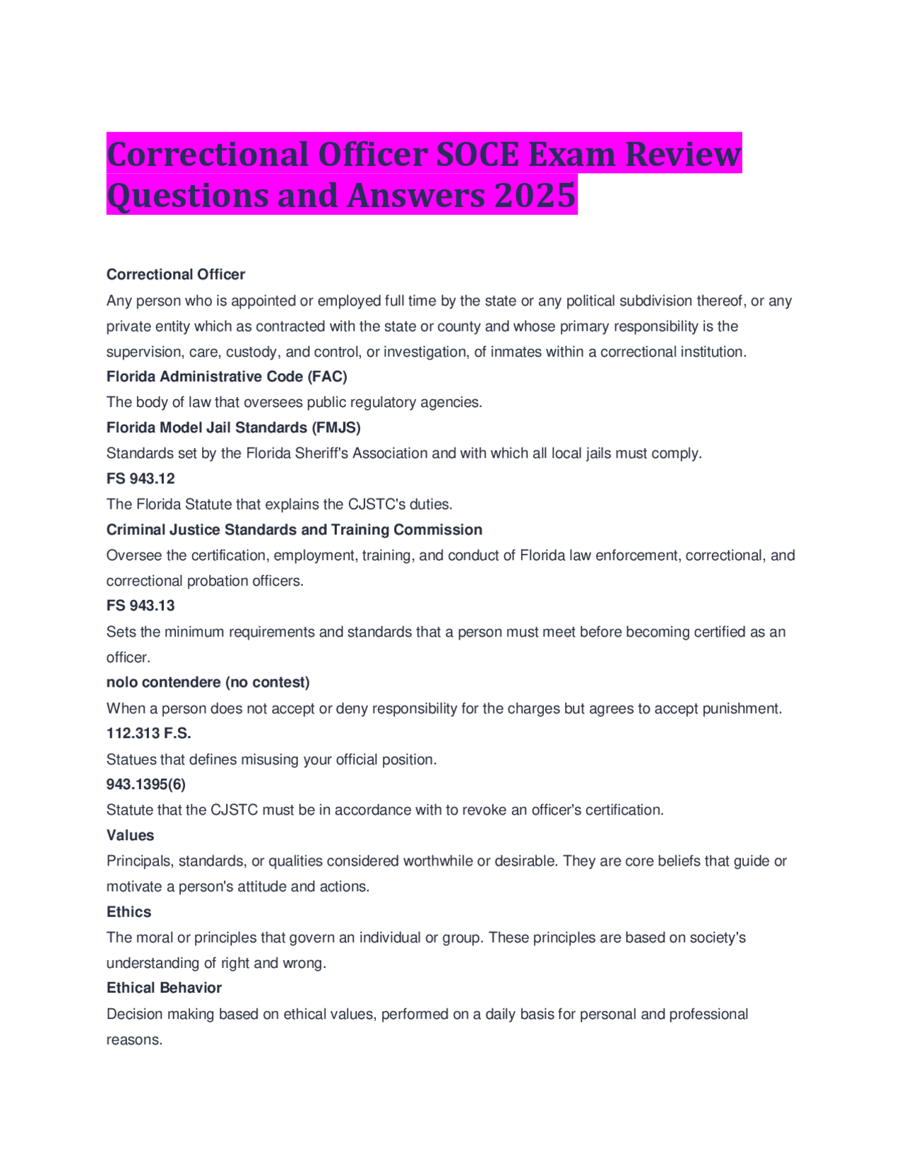 Correctional Officer SOCE Exam Review Questions and Answers 2025 ...