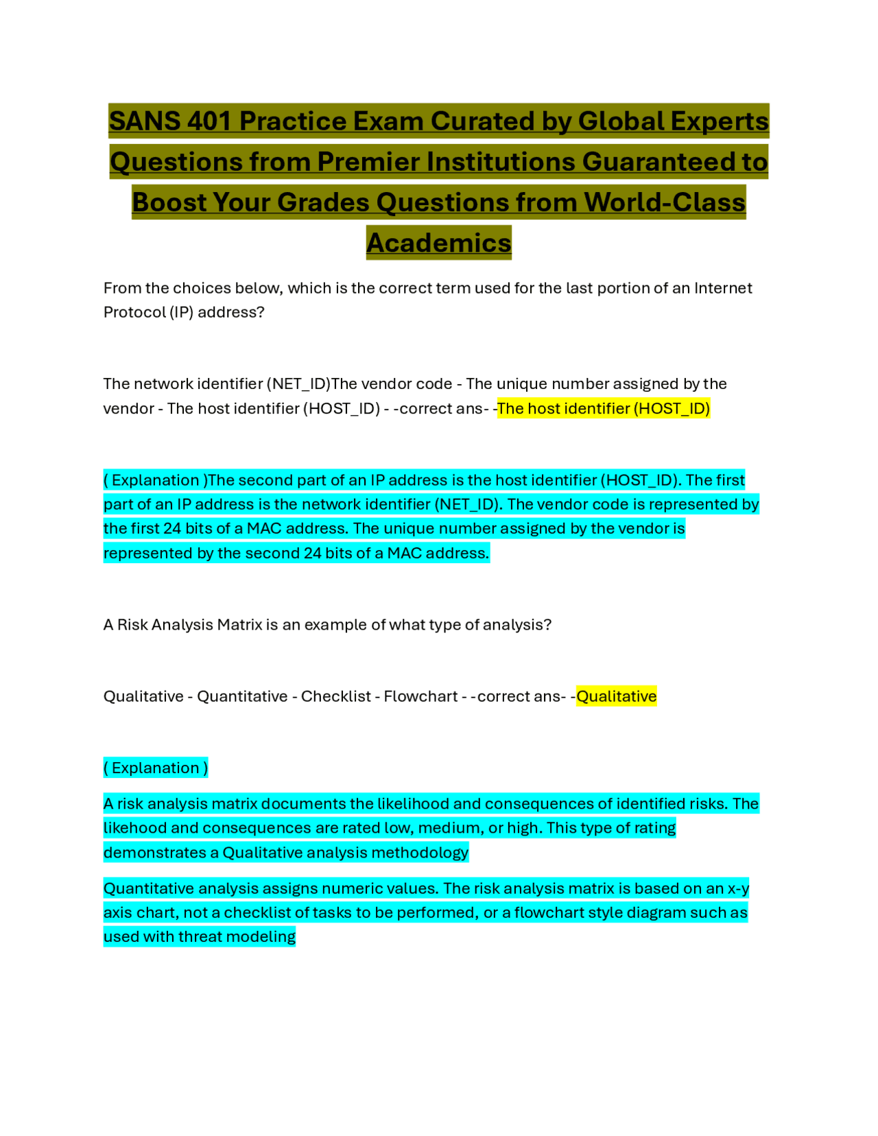 SANS 401 Practice Exam Curated by Global Experts Questions from Premier ...