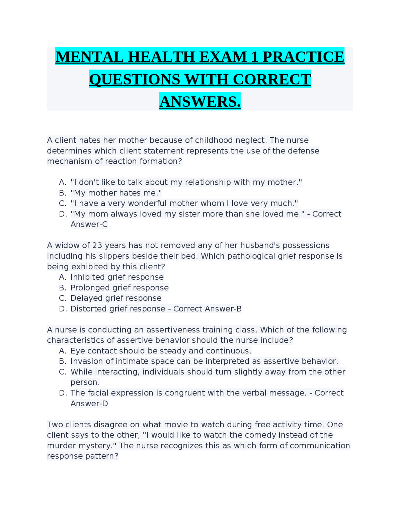 MENTAL HEALTH EXAM 1 PRACTICE QUESTIONS WITH CORRECT ANSWERS. | Exams ...