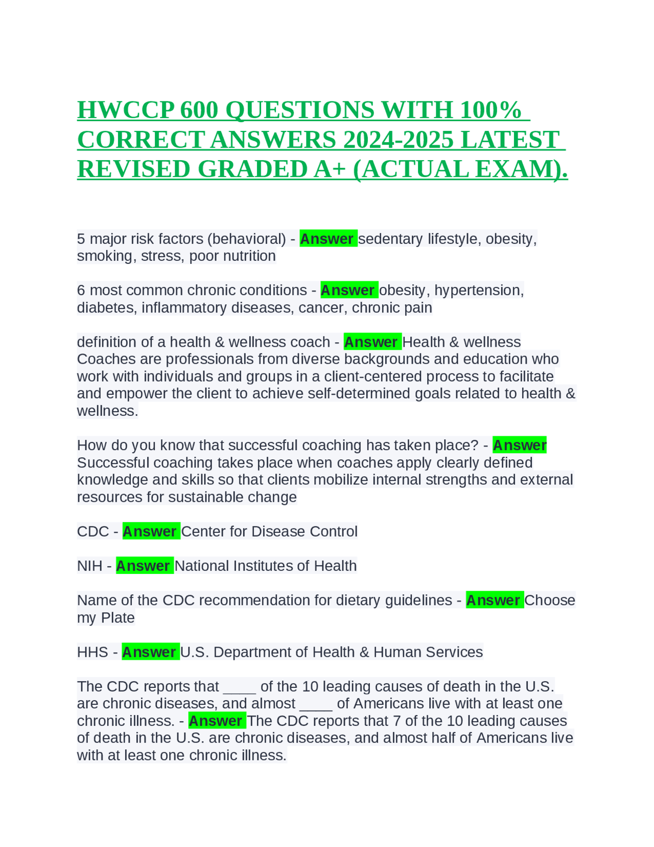 HWCCP 600 QUESTIONS WITH 100% CORRECT ANSWERS 2024-2025 LATEST REVISED ...