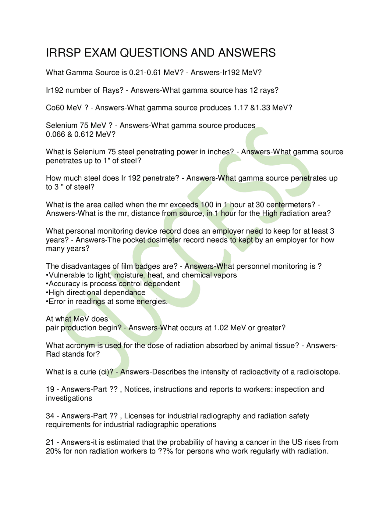 IRRSP Exam Questions and Answers | Exams Science education | Docsity