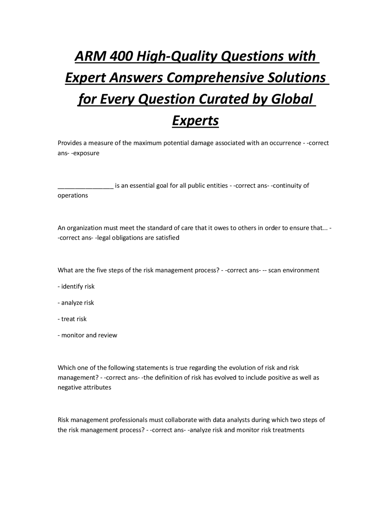 ARM 400 Exam High-Quality Questions with Expert Answers Comprehensive ...