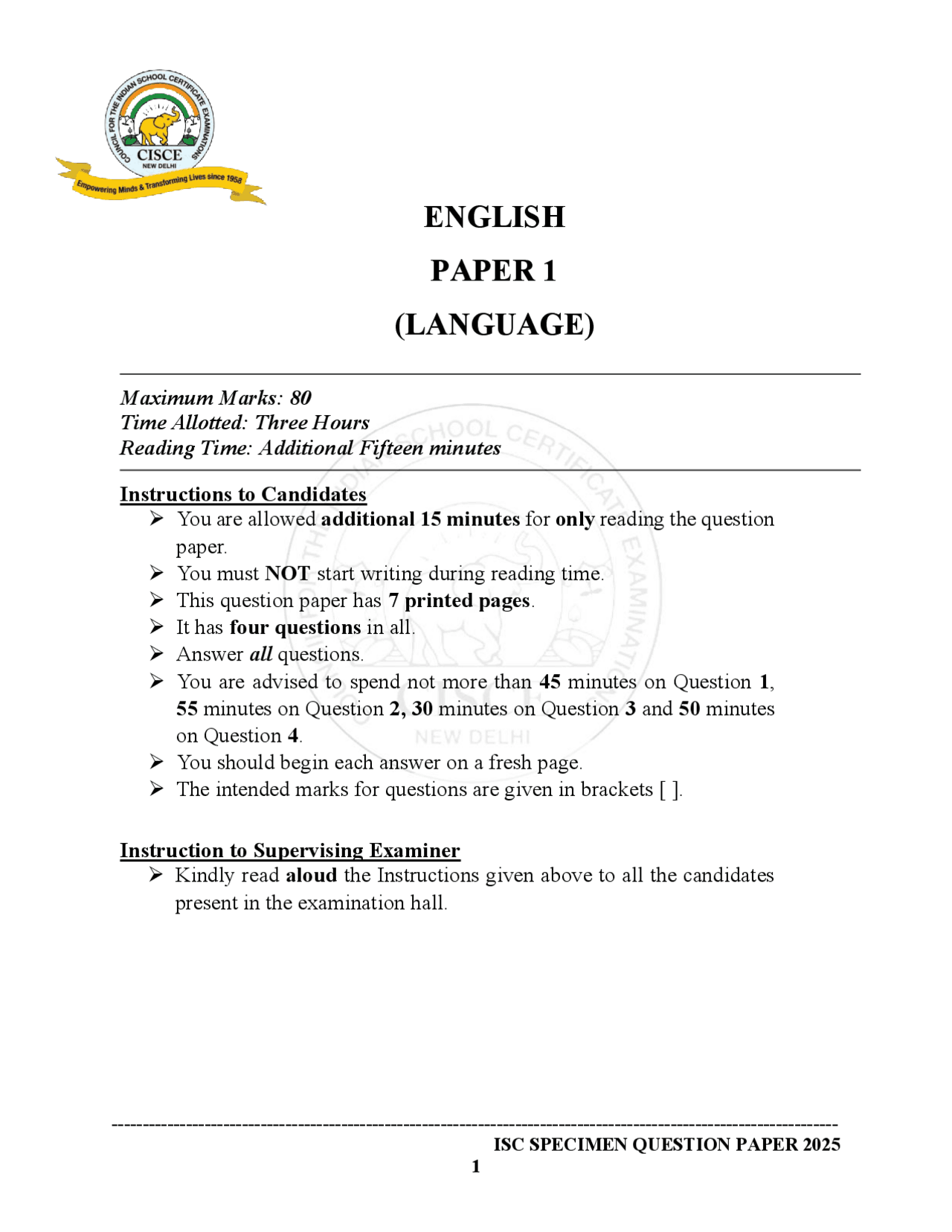 ISC – Class 12 – Paper I - English language – Specimen Question Paper ...