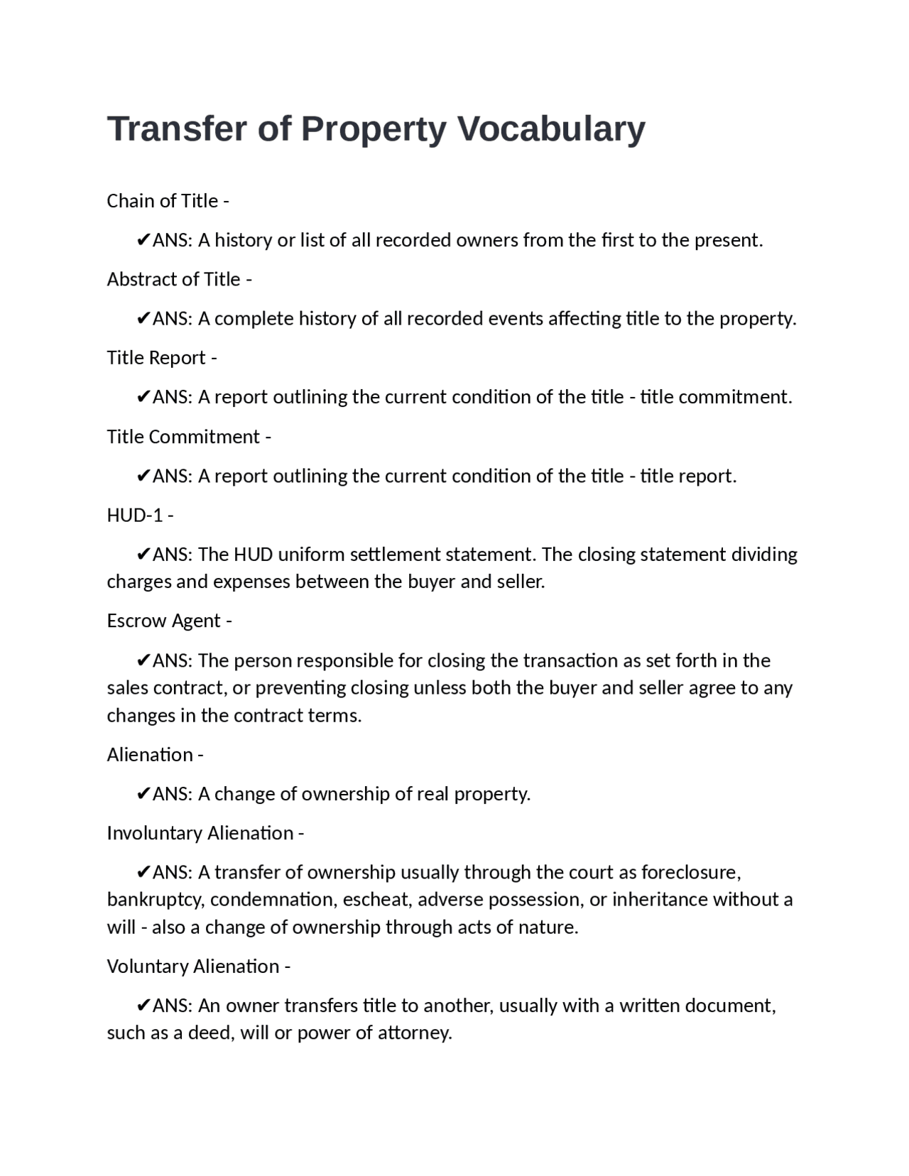 Transfer of Property Vocabulary | Exams Real Estate Management | Docsity