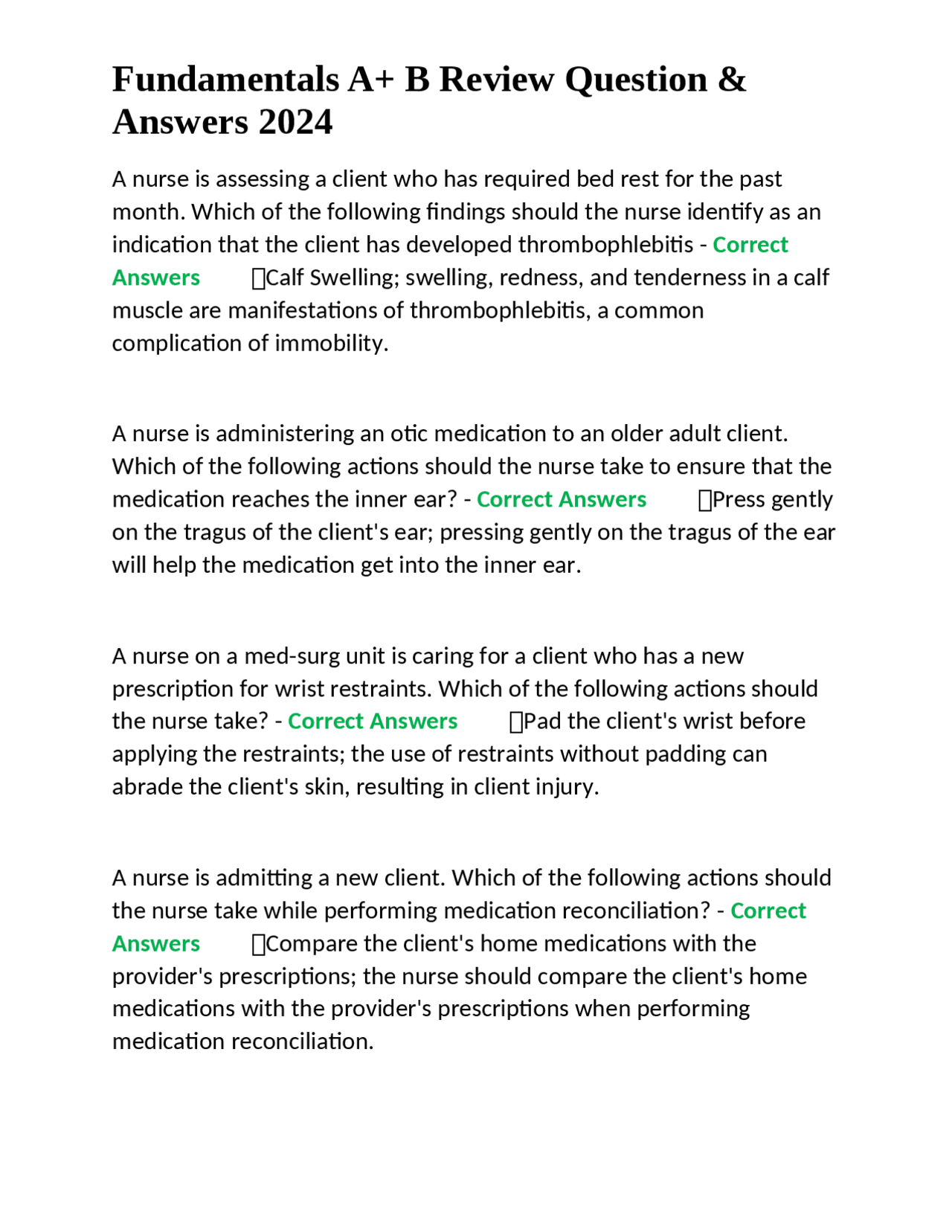 Fundamentals A+ B Review Question & Answers 2024 | Exams Nursing | Docsity