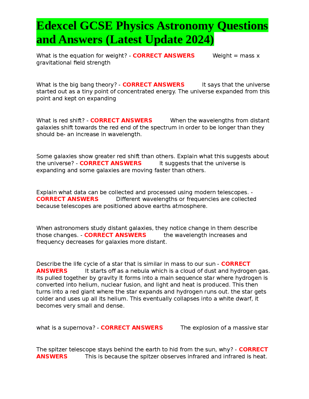 Edexcel GCSE Physics Astronomy Questions and Answers (Latest Update ...