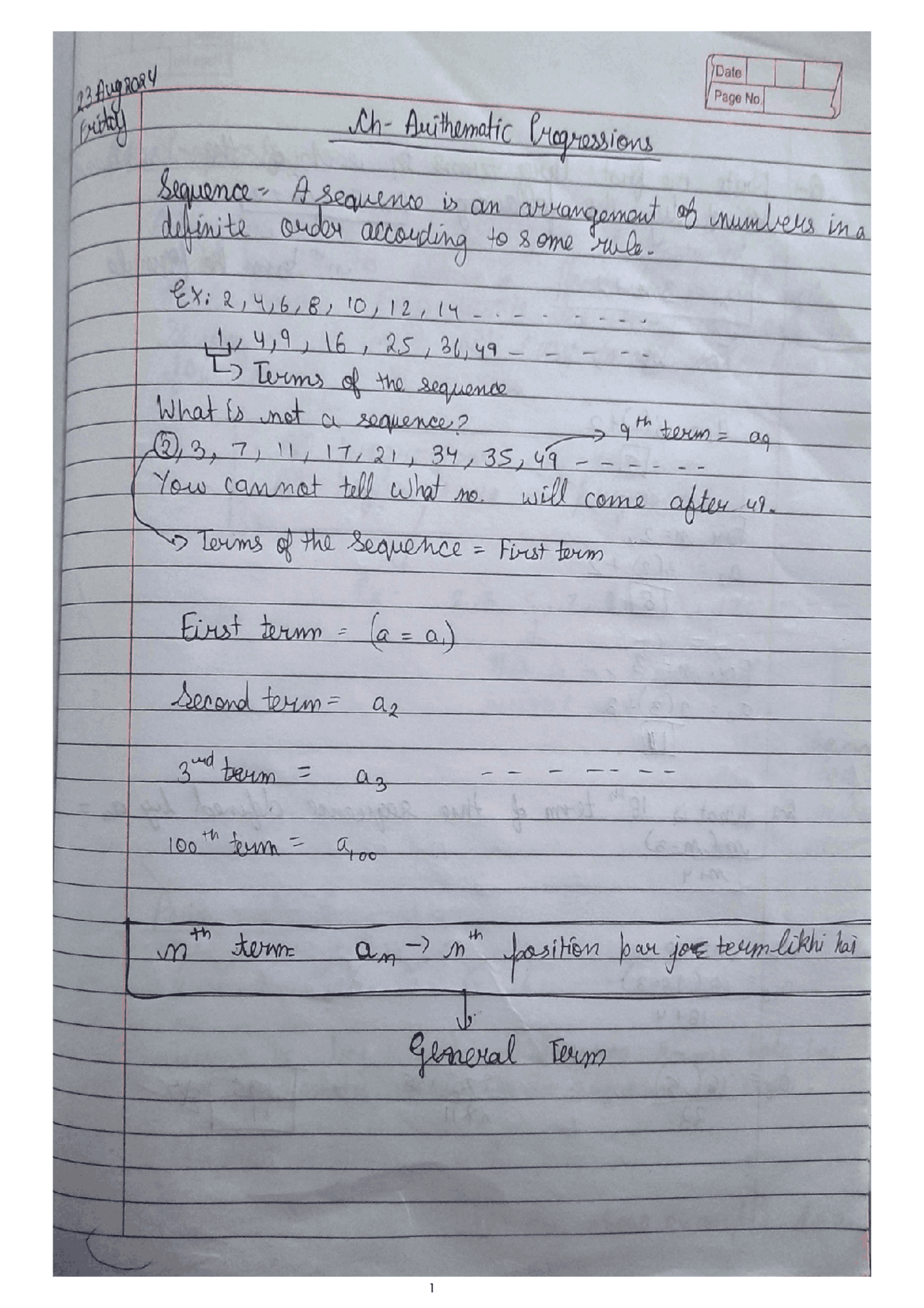 Arithmetic Progression Notes Class 10 | Study notes Mathematics | Docsity