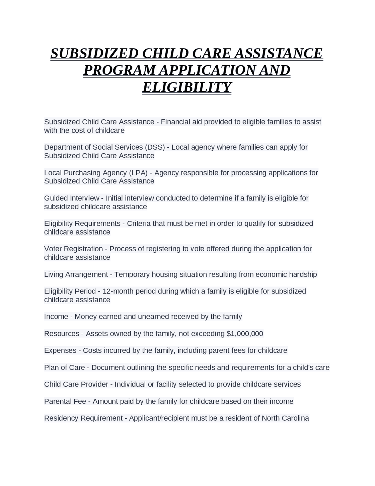 Subsidized Child Care Assistance Program Application and Eligibility ...