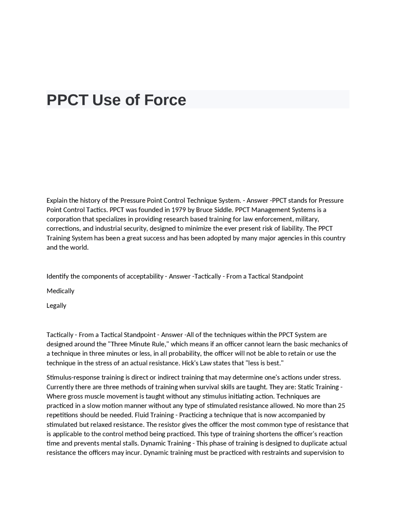 PPCT Use of Force Test Questions and Answers | Exams Nursing | Docsity