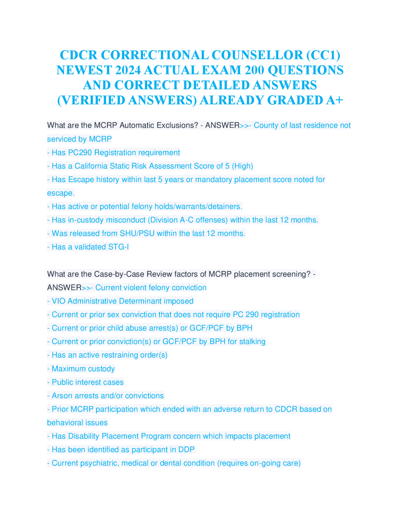 Inmate Housing and Classification Policies | Exams Nursing | Docsity