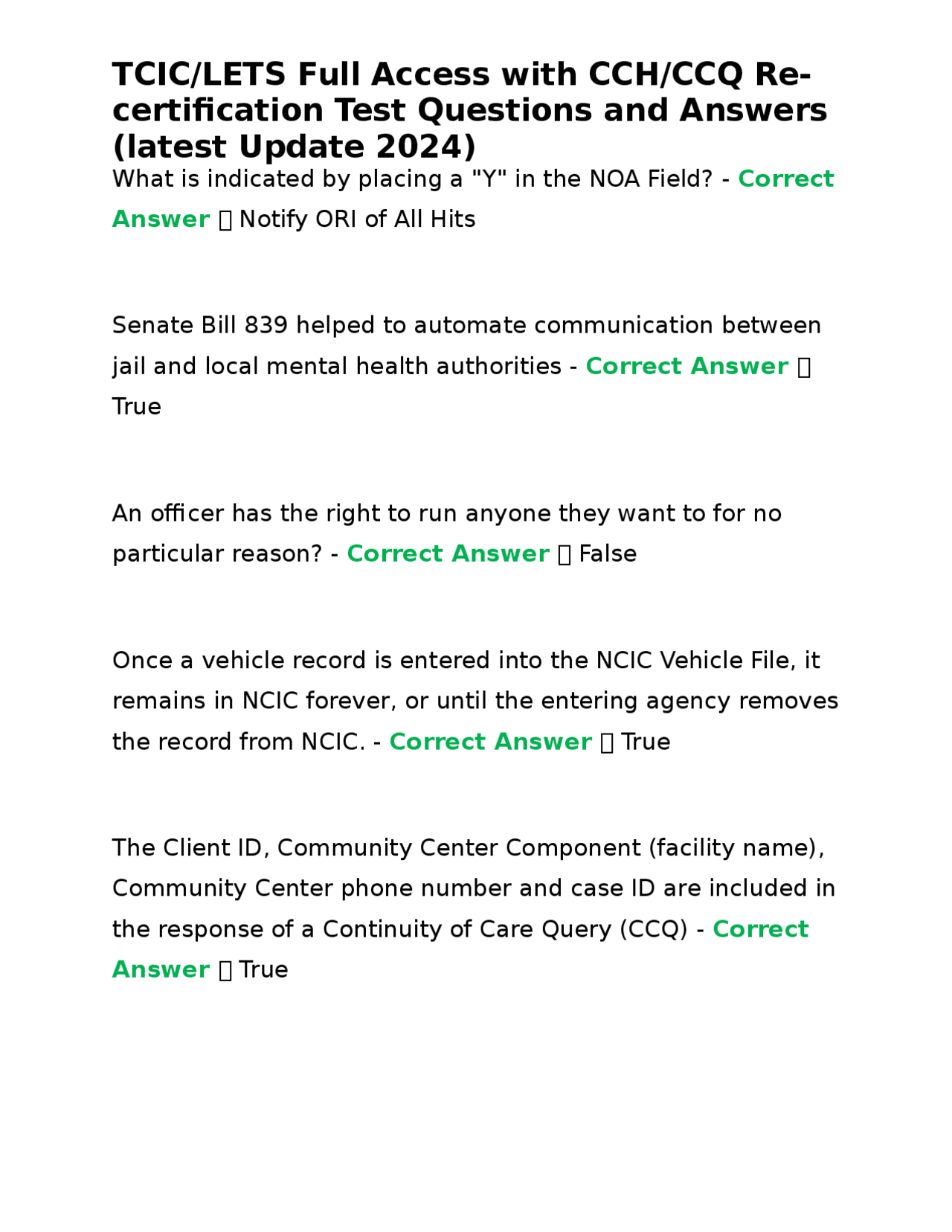 TCIC/LETS Full Access with CCH/CCQ Recertification Test Questions and ...
