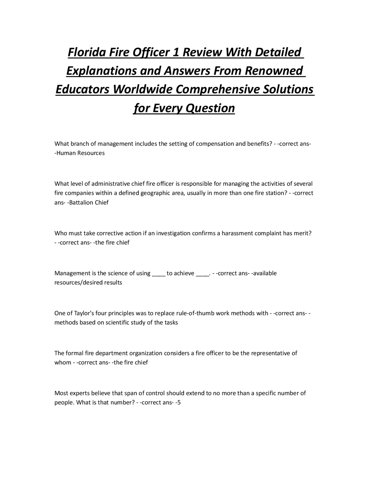 Florida Fire Officer 1 Review With Detailed Explanations and Answers ...