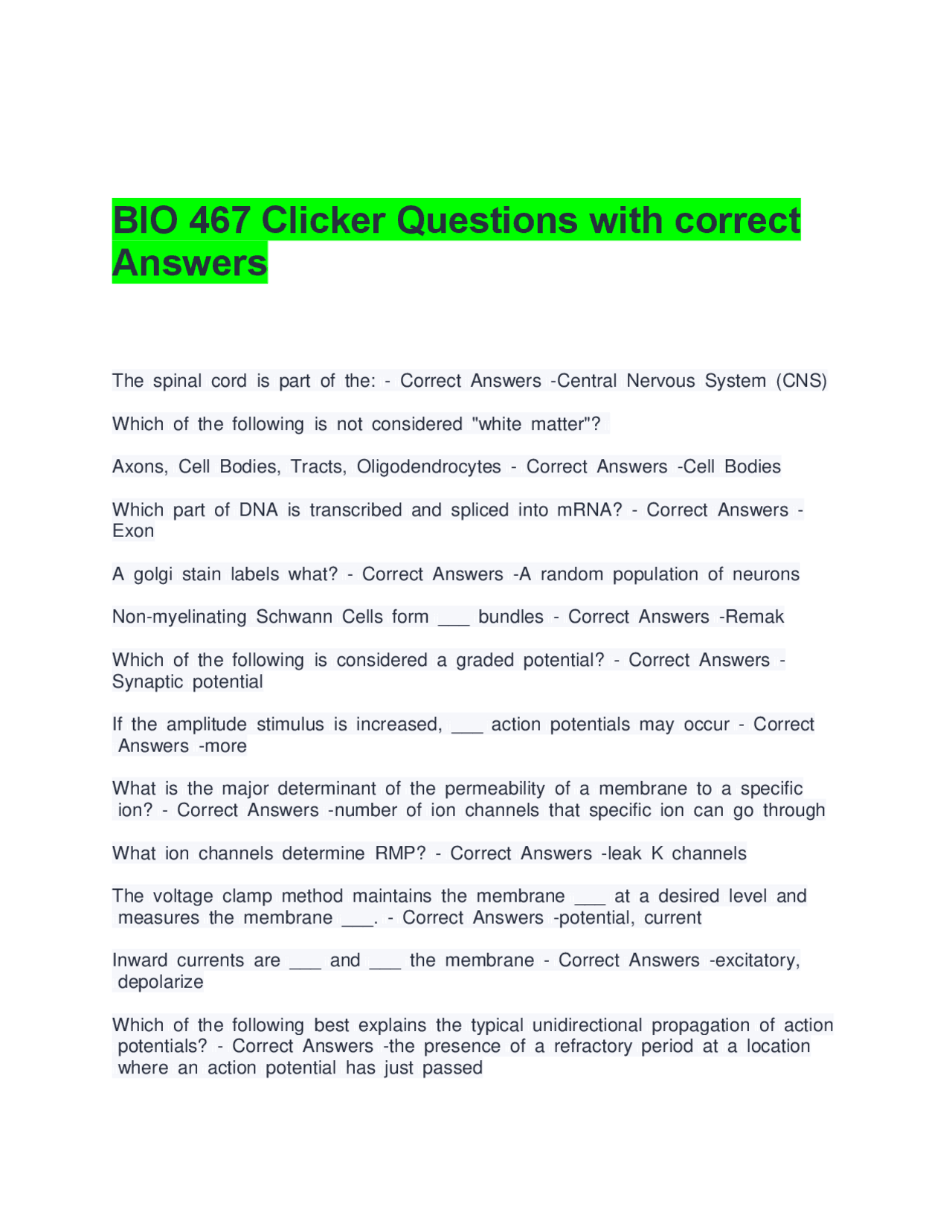 Clicker Questions and Answers in Neurobiology | Exams Advanced ...