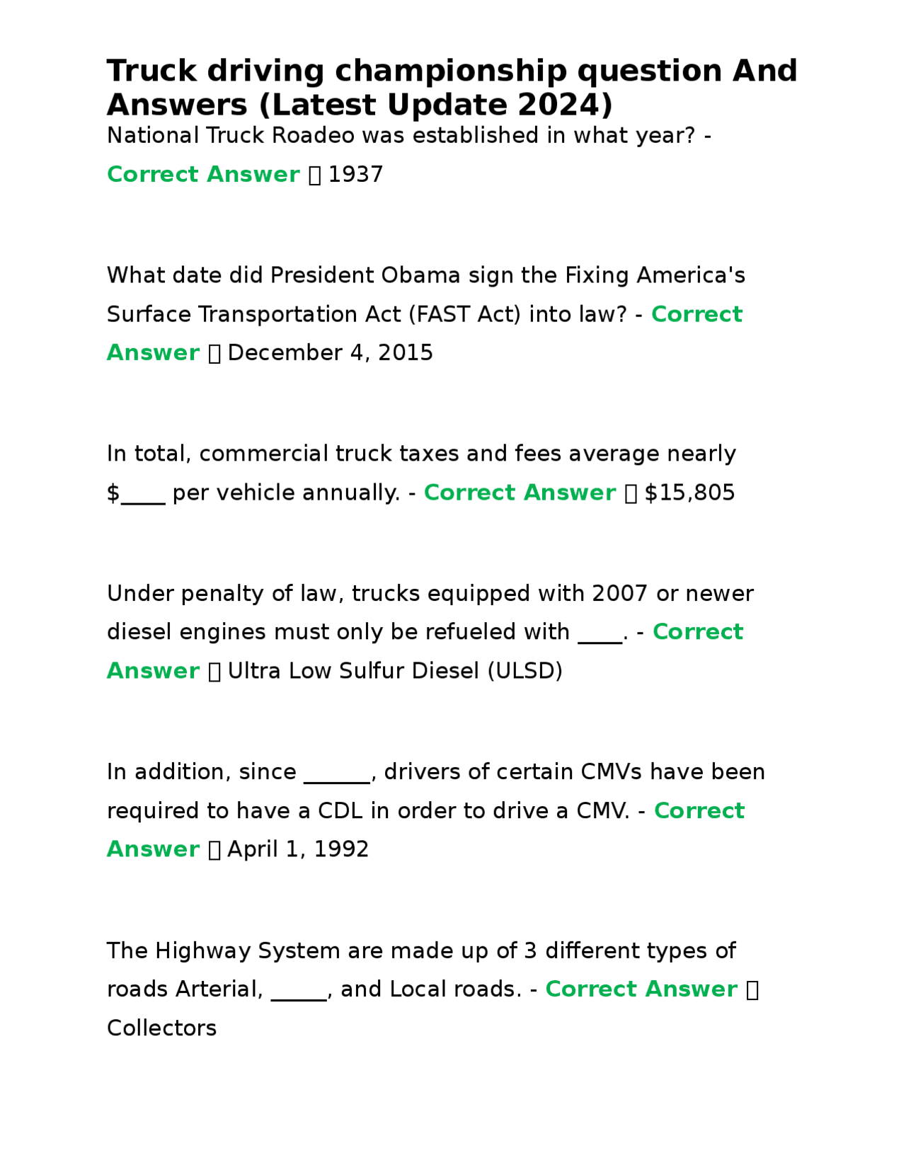 Truck Driving Championship Questions and Answers | Exams Nursing | Docsity